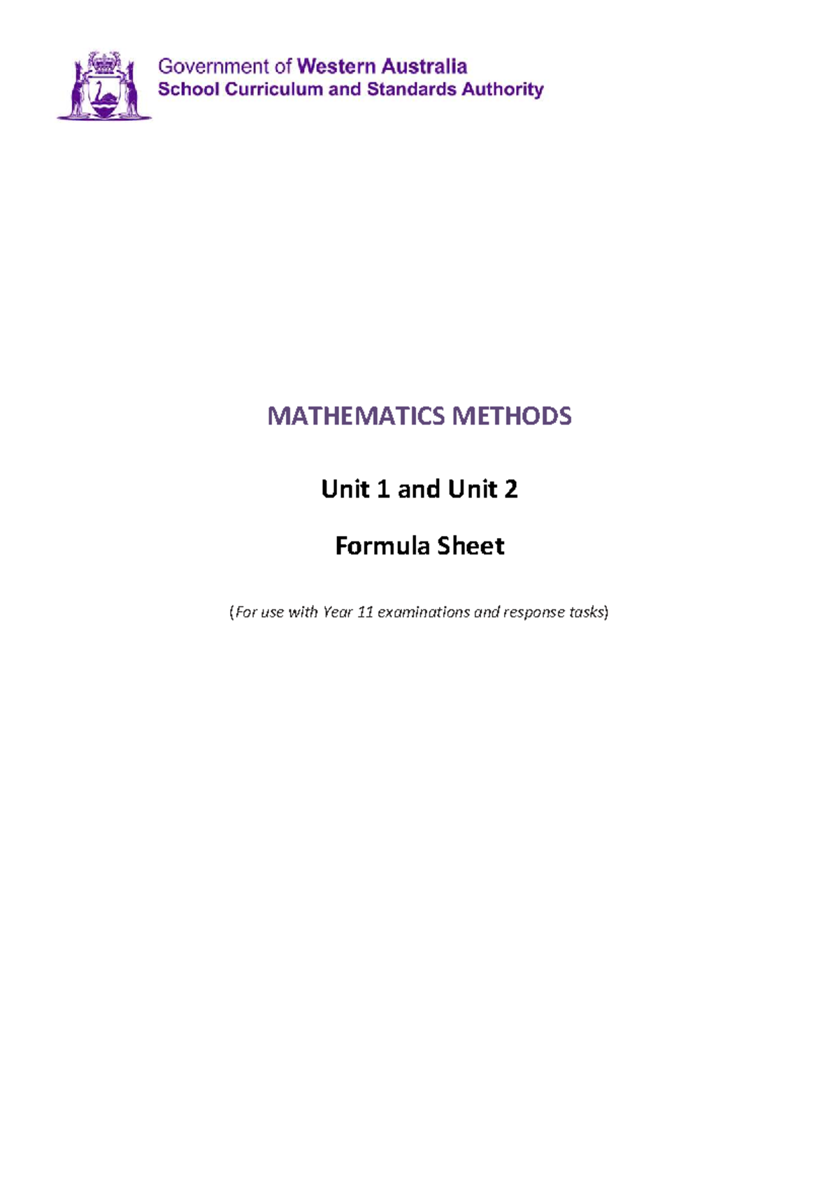MATHEMATICS METHODS Year 11 Unit 1 & 2 Formula Sheet - Studocu