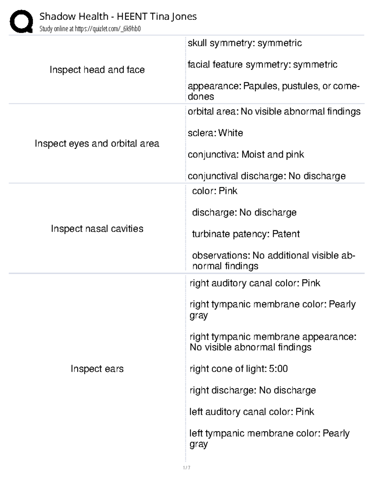 HEENT Assessment of Tina Jones - Shadow Health Documentation - Studocu