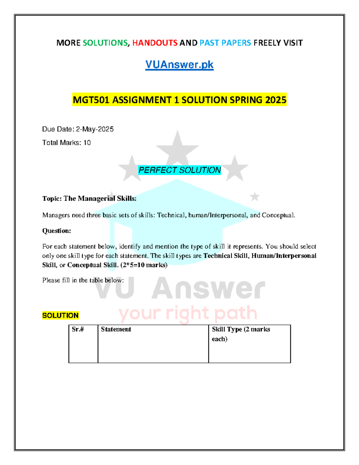 MGT501 Assignment 1 Correct Solutions: Managerial Skills Analysis Spring 2025 - Studocu