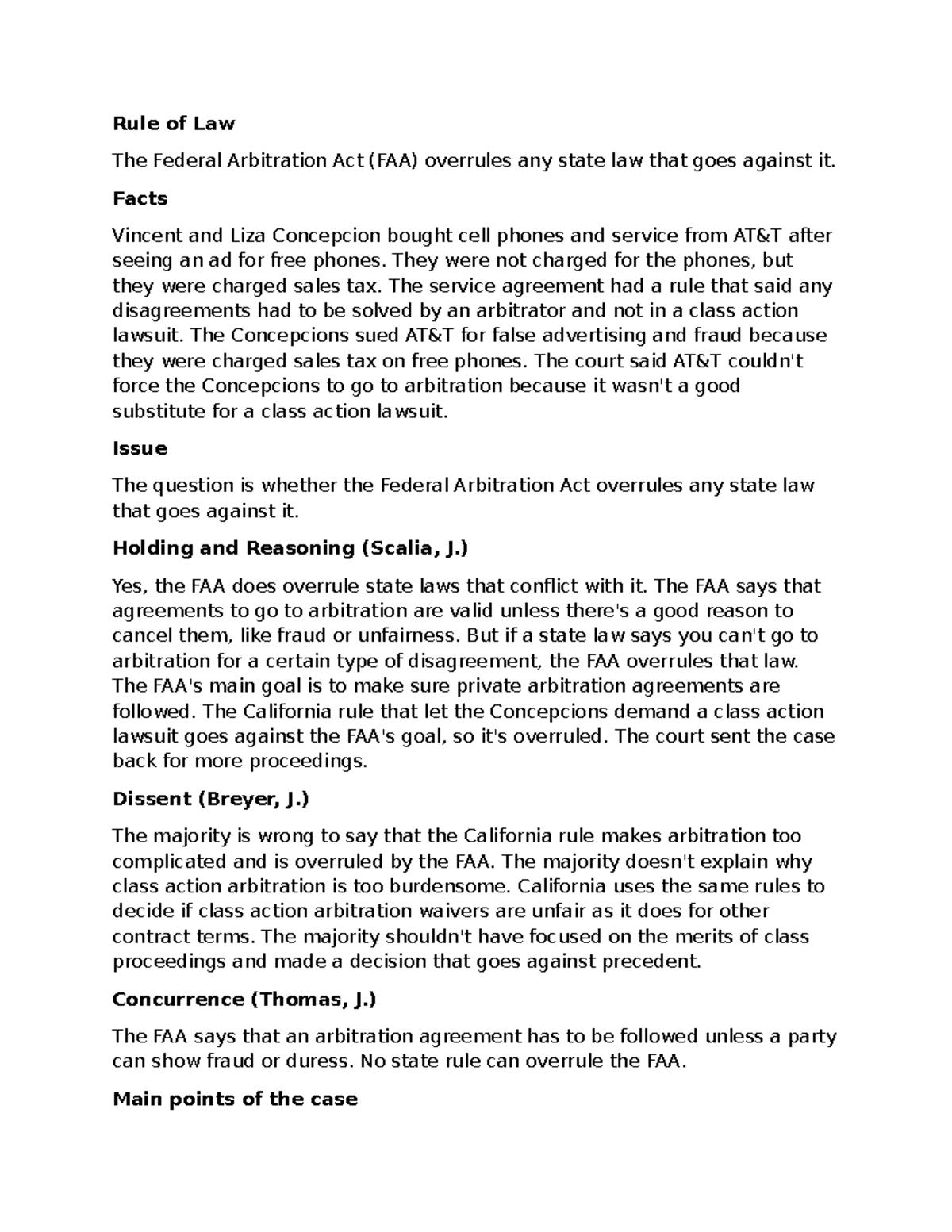 Rule of Law: FAA Preemption of State Laws in Arbitration Cases - Studocu