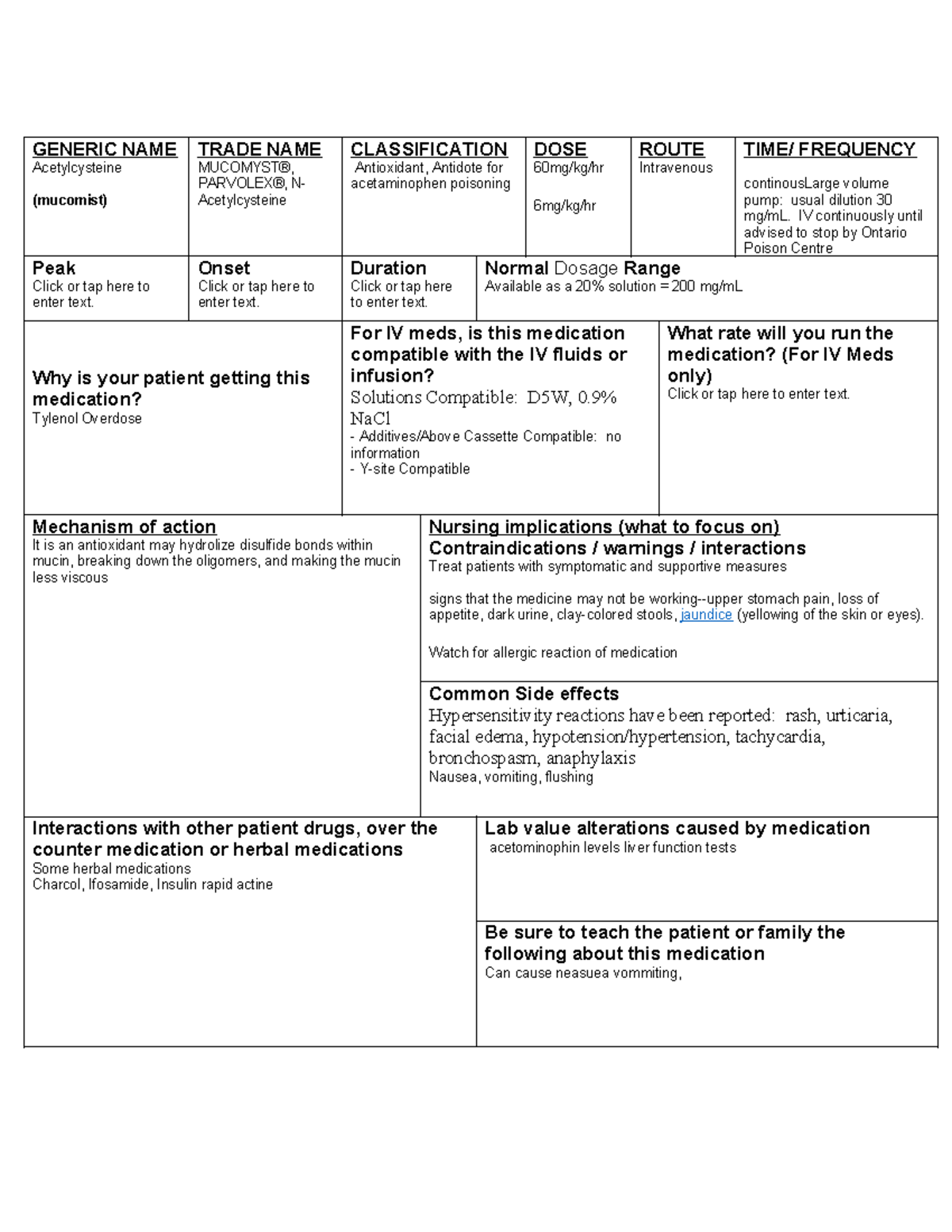 MED CARD FORM: Acetylcysteine (Mucomyst) Overview and Guidelines - Studocu