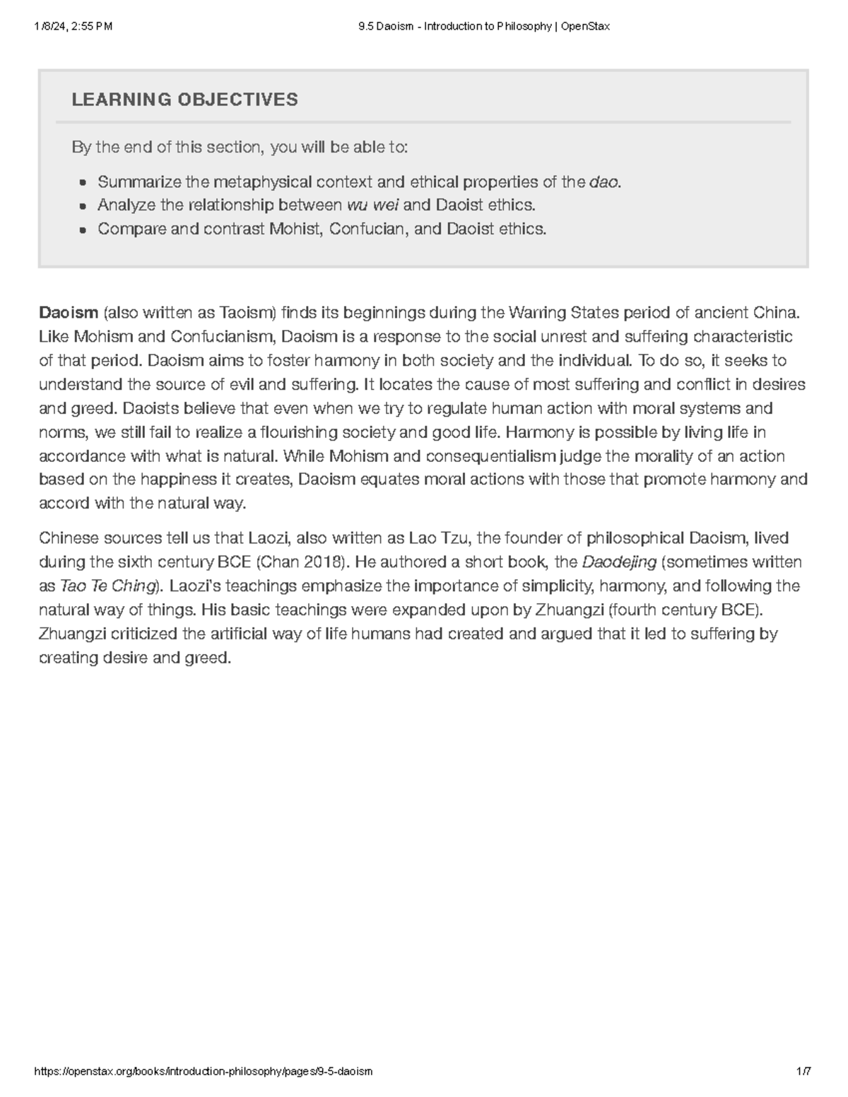 Daoism: Understanding Its Ethics and Metaphysics in Philosophy (PHIL101) - LEARNING OBJECTIVES ...