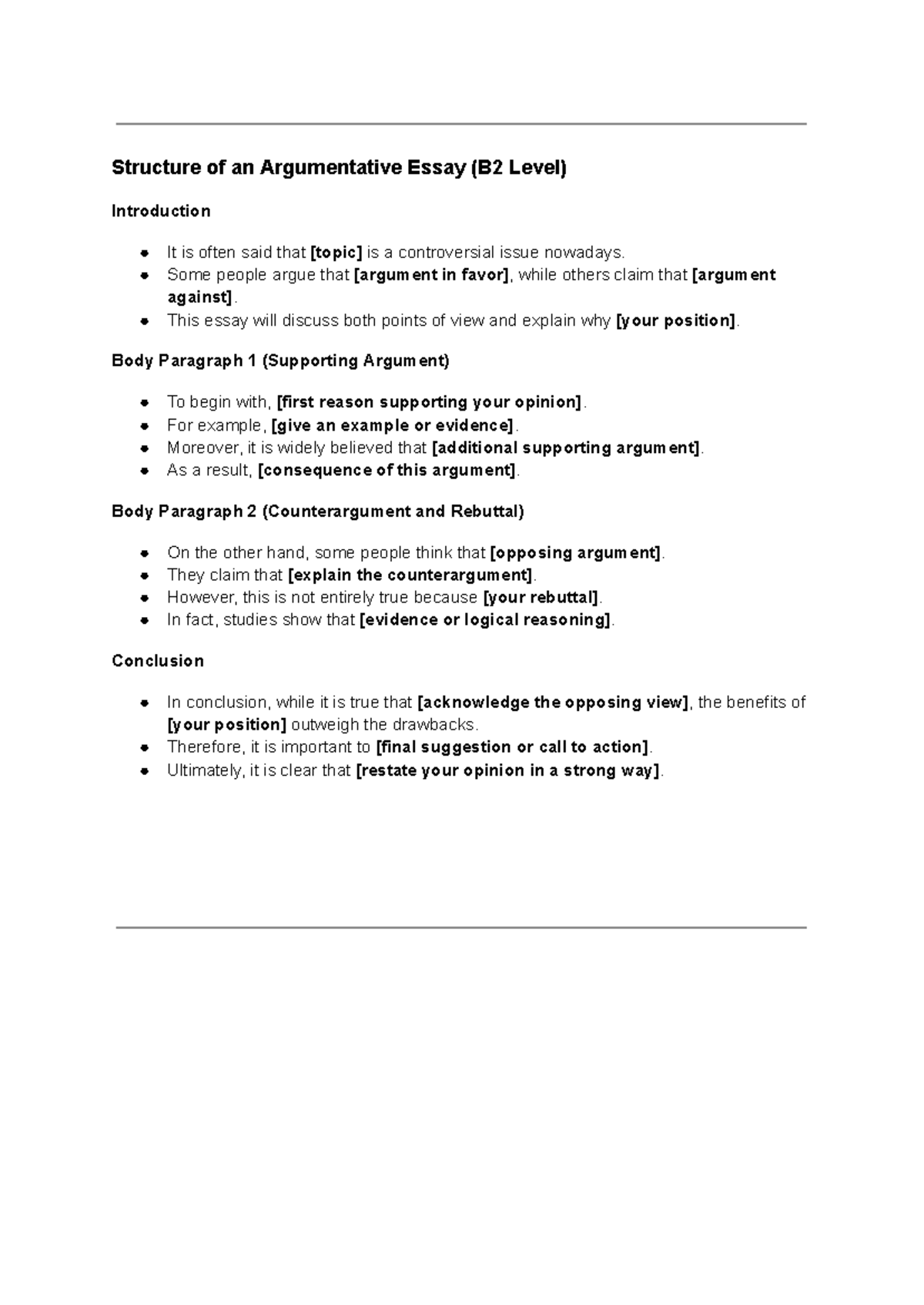 B2 Level: Structure of an Argumentative Essay Guide - Studocu