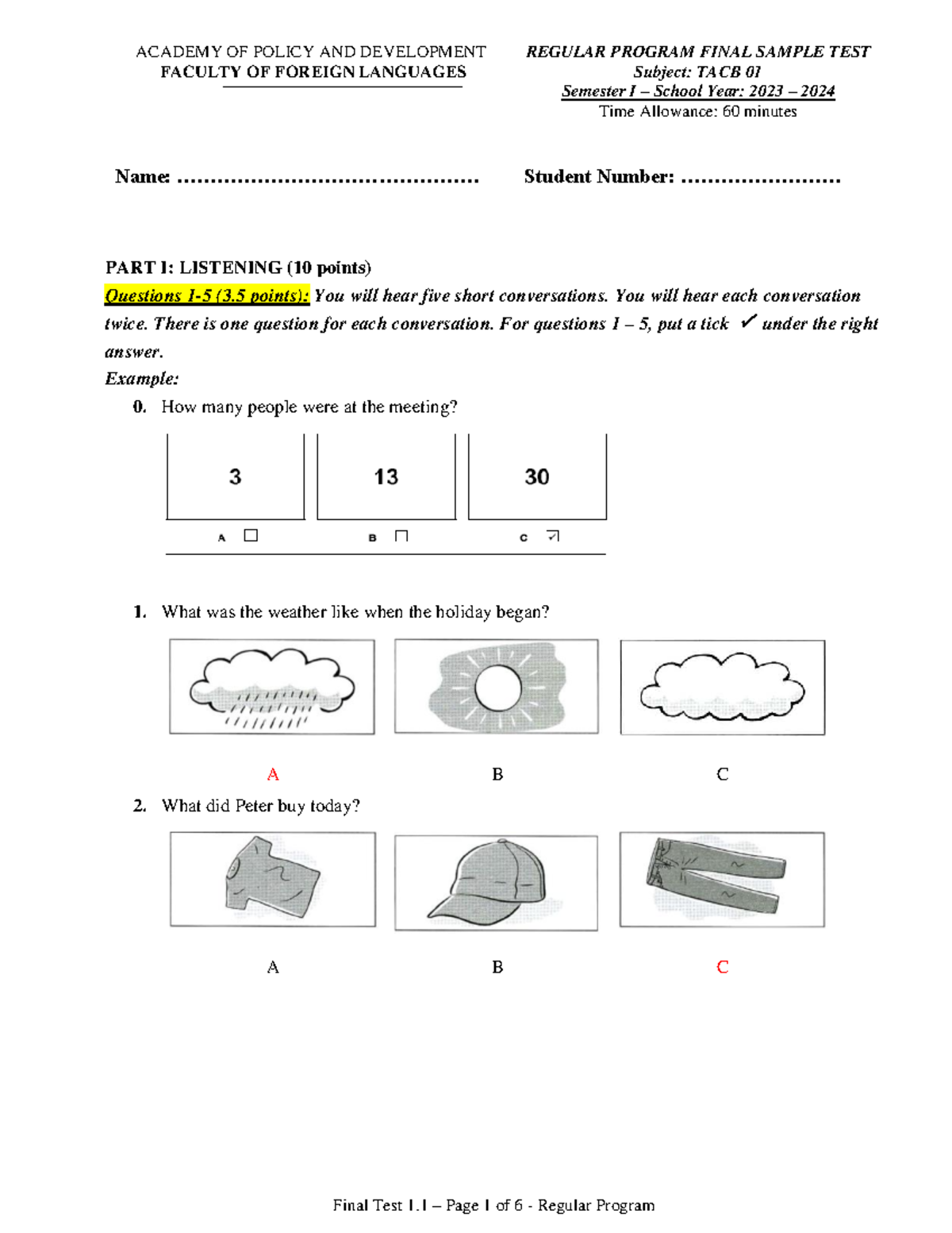 Final Sample Test TACB 01 - Listening & Reading Comprehension - Studocu