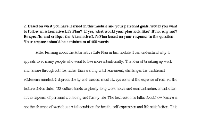 Module 7 - Homework: Exploring the Alternative Life Plan - Studocu