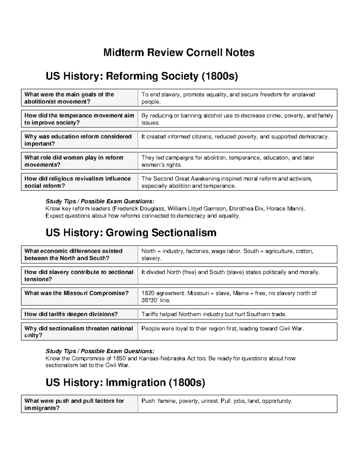Midterm Review: US History (HIST 101) - Reform Movements & Immigration ...