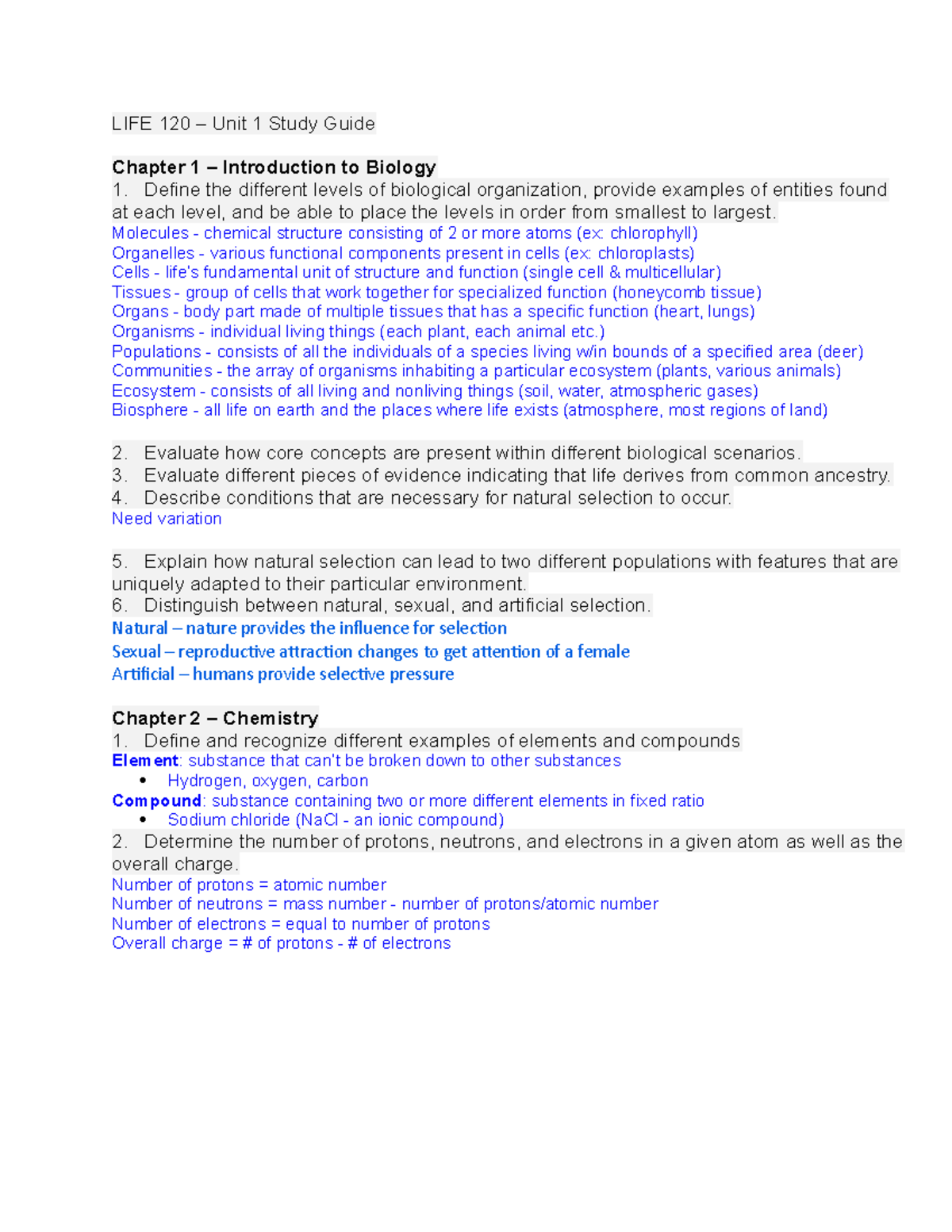 LIFE 120 Unit 1 Test 1 Study Guide: Biology Essentials and Key Concepts ...