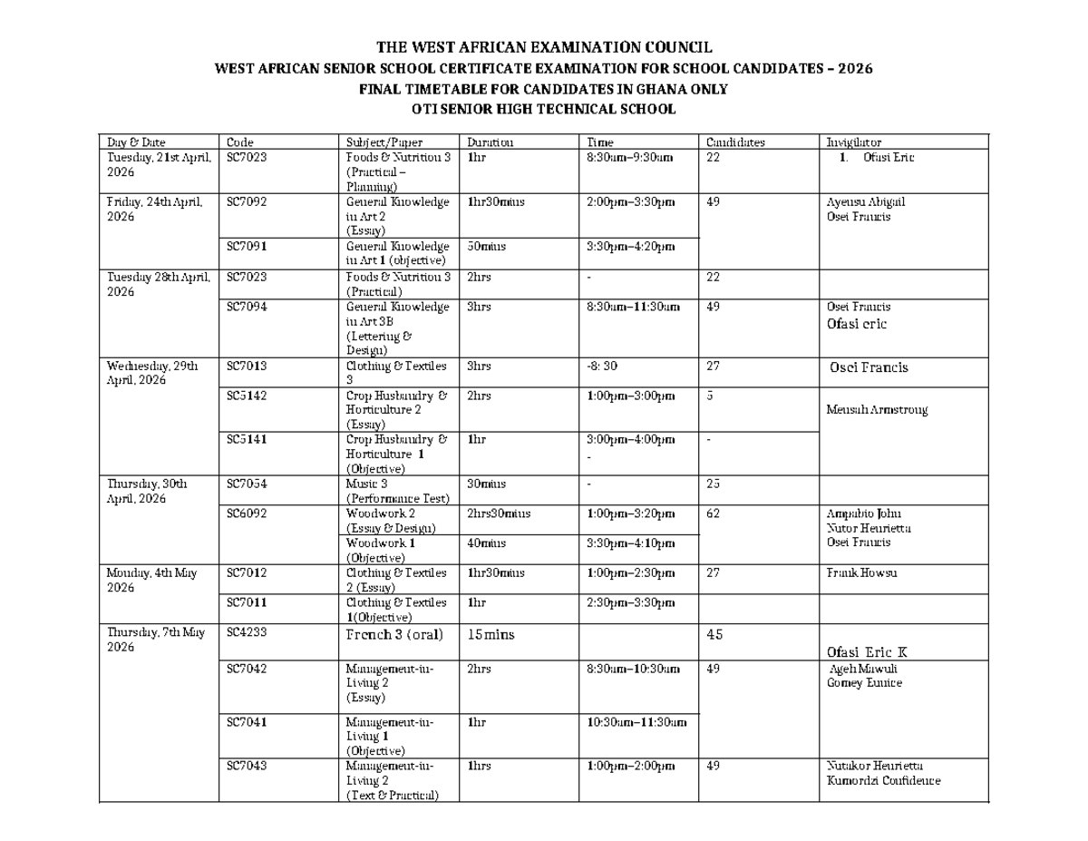 WAEC WASSCE 2026 Final Timetable for Oti Senior High Tech School - Studocu