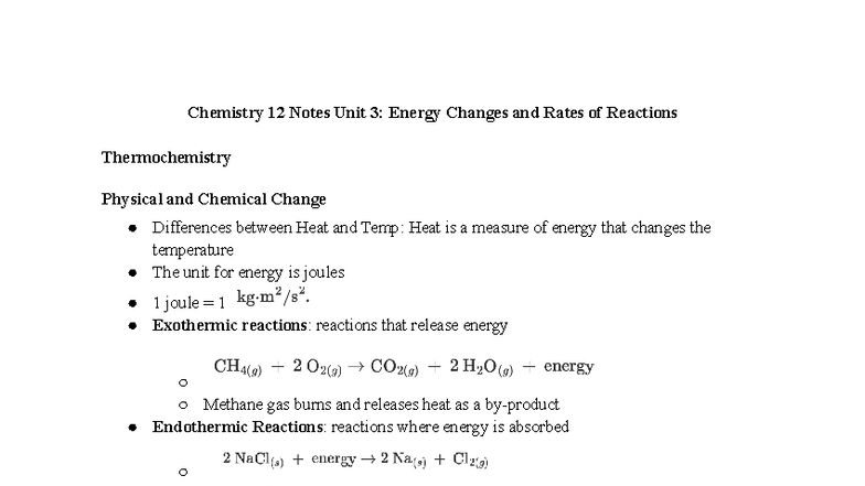 Chemistry 12 Unit 3: Energy Changes & Rates of Reactions Notes - Studocu