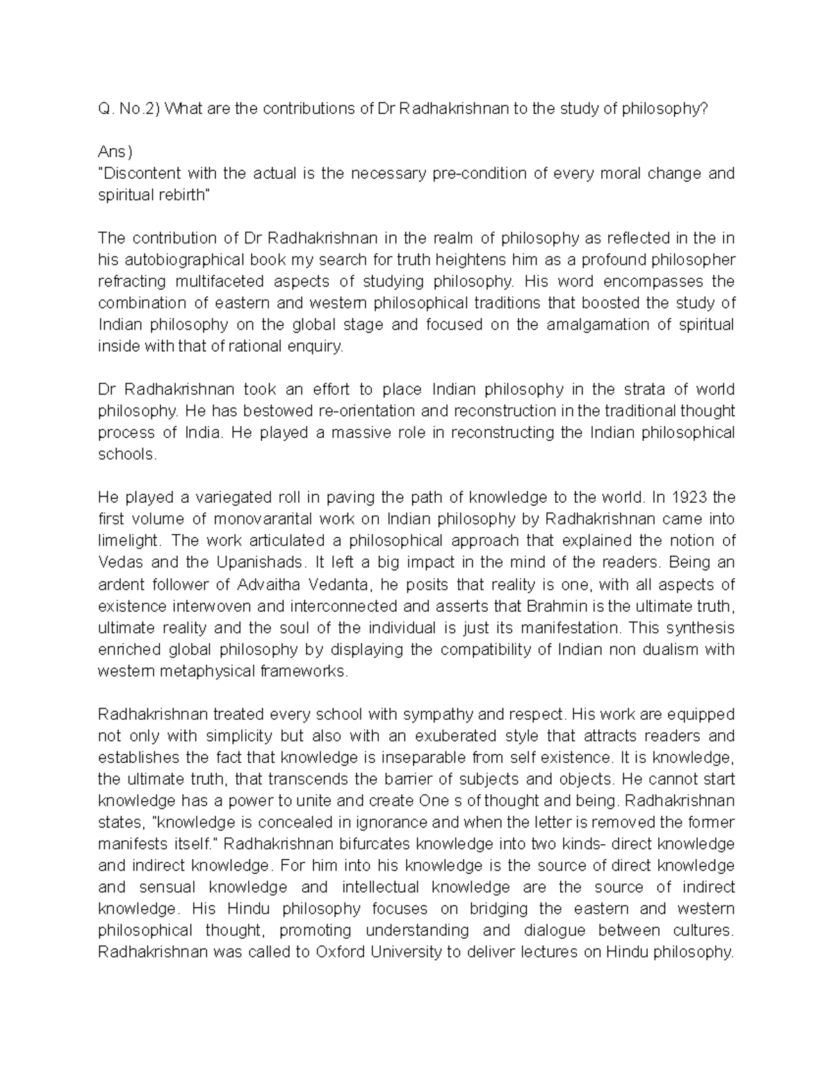 Contributions of Dr. Radhakrishnan to Philosophy: A Study (PHIL 101 ...