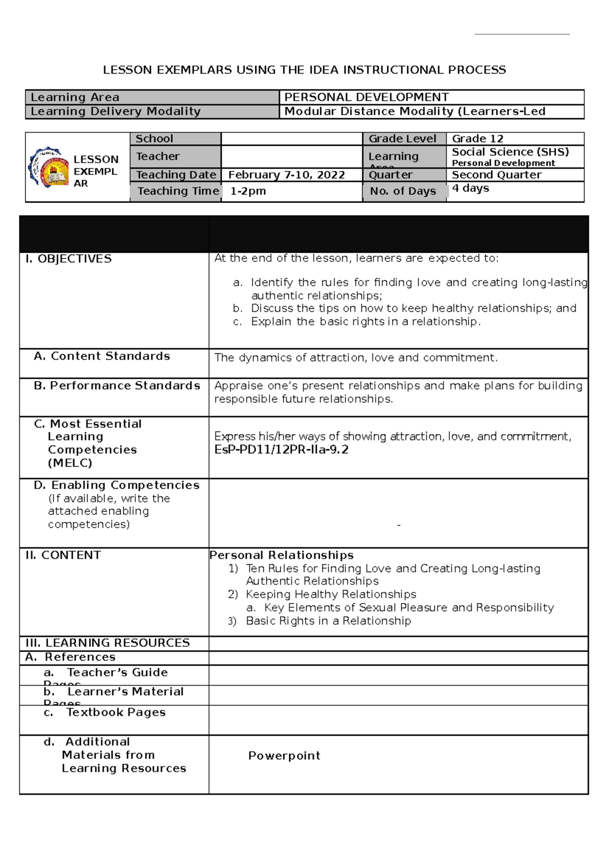 Lesson- Exemplar-perdev 2 - LESSON EXEMPLARS USING THE IDEA ...