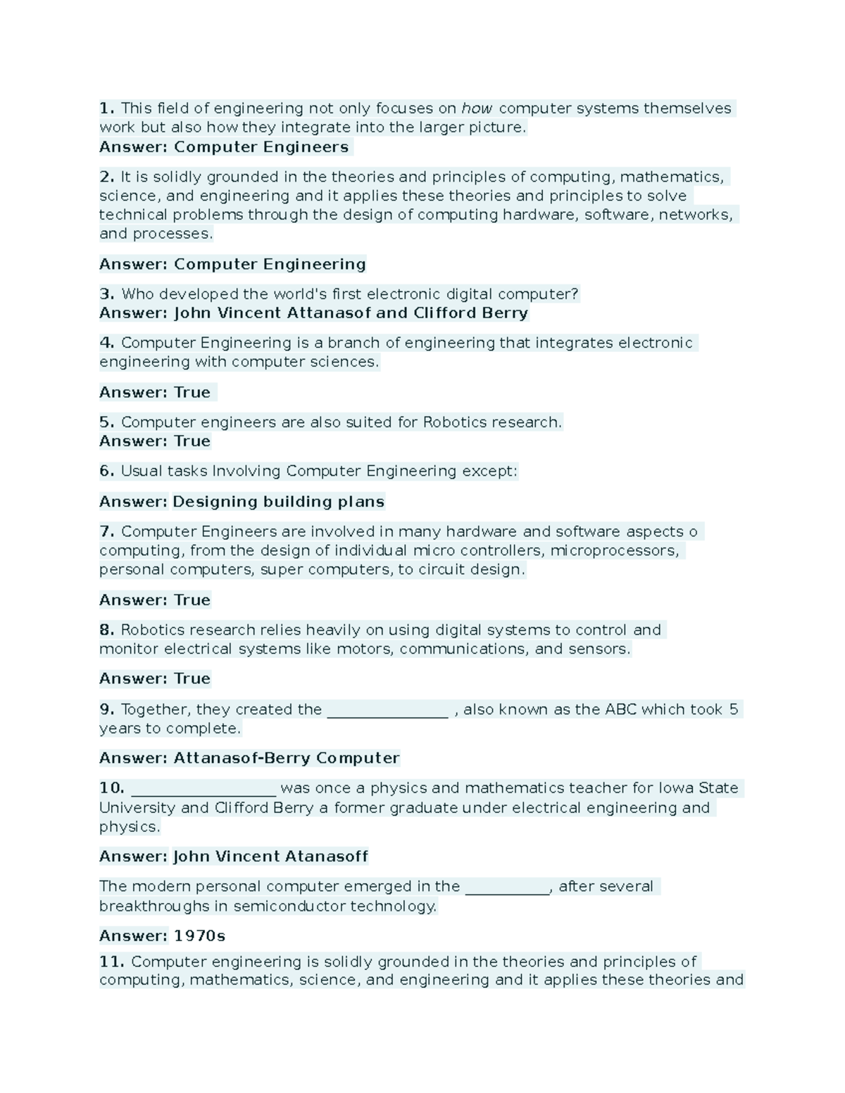 CENG 101: Computer Engineering Prelim Quiz 1 Notes and Answers - Studocu
