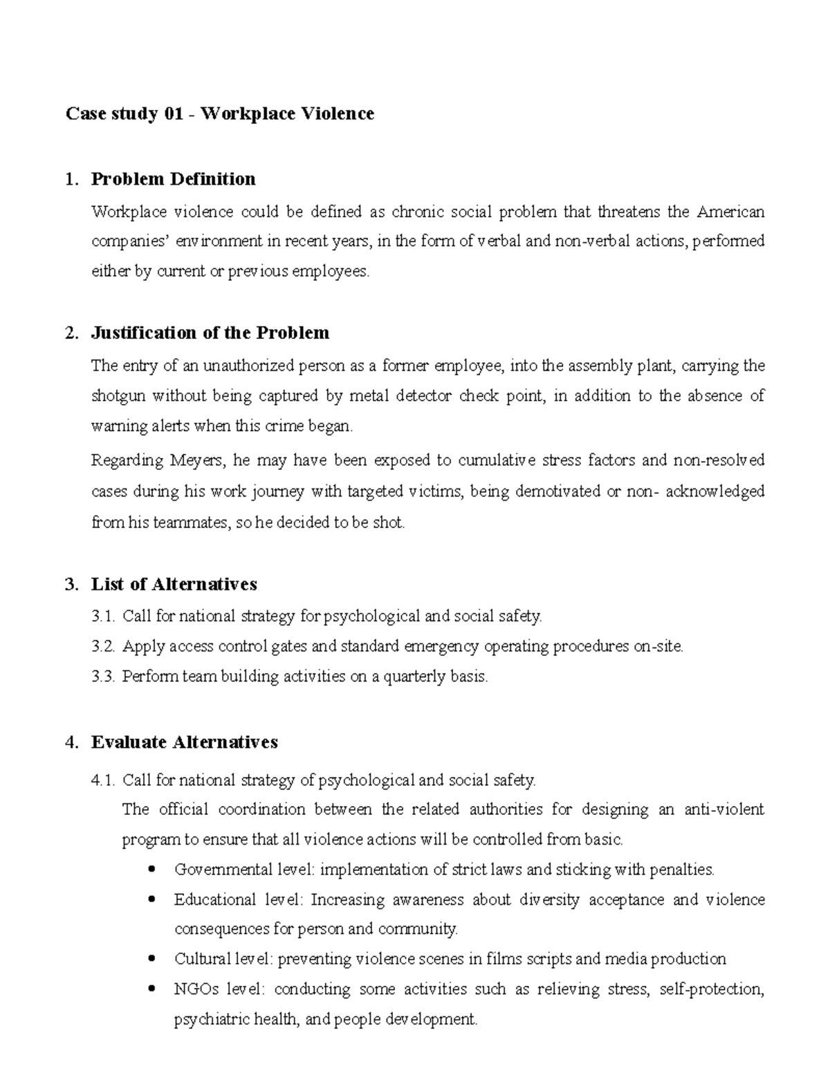 Case Study 01: Addressing Workplace Violence Issues and Solutions - Studocu