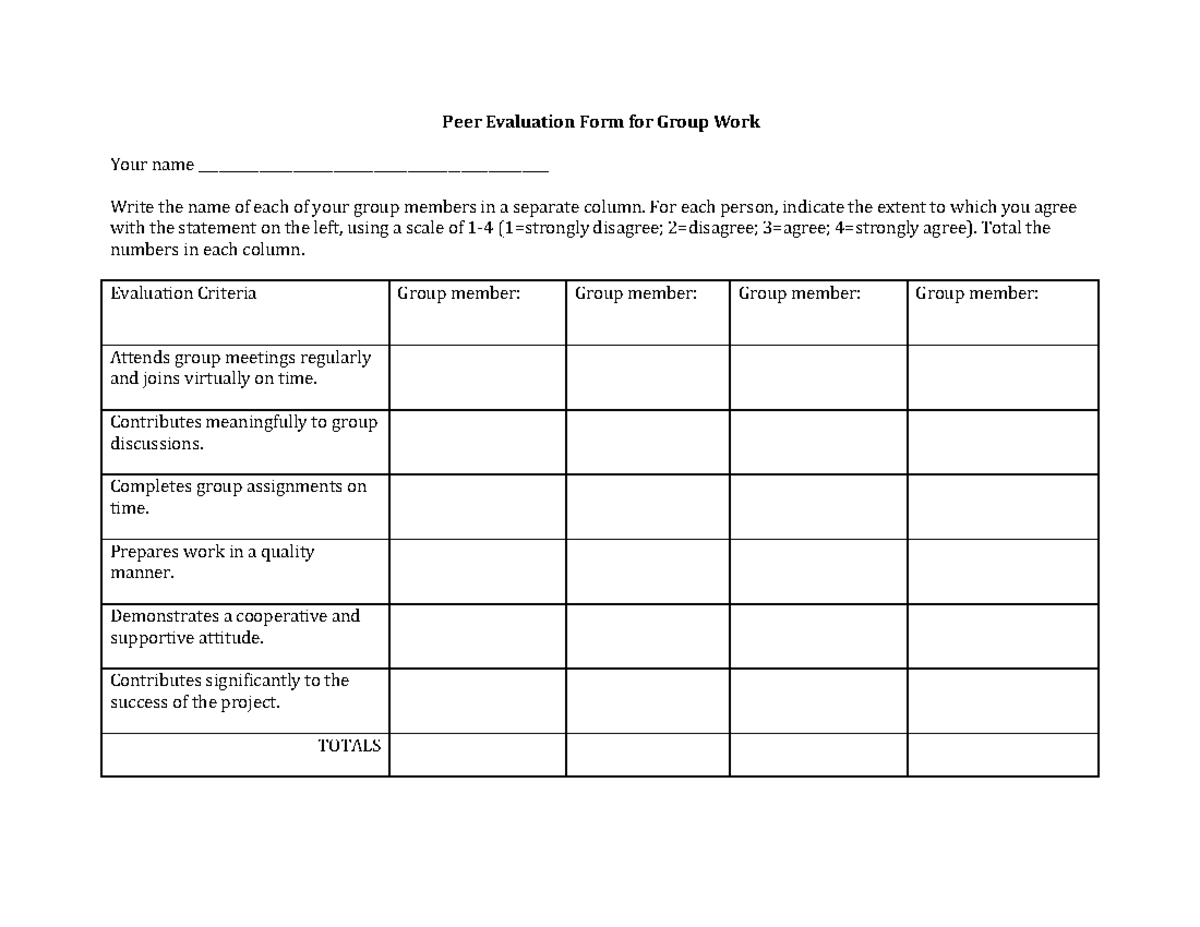 Peer Evaluation Form for Group Work (Group Project) - Studocu