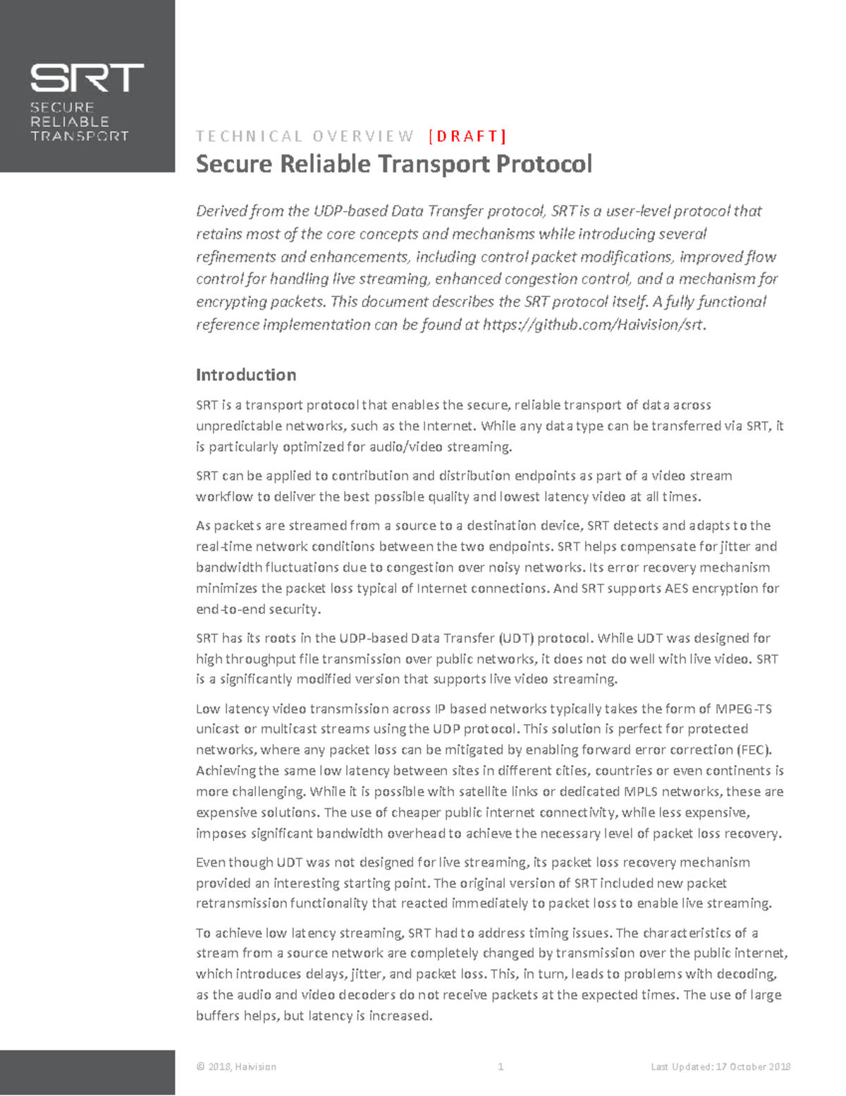 SRT Protocol Technical Overview Draft 2018-10-17 - Secure Reliable ...
