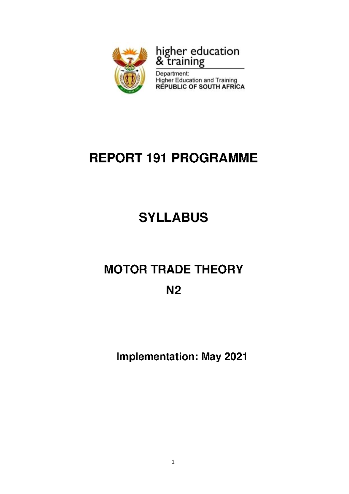 N2 Motor Trade Theory Syllabus Report - May 2021 Implementation - Studocu
