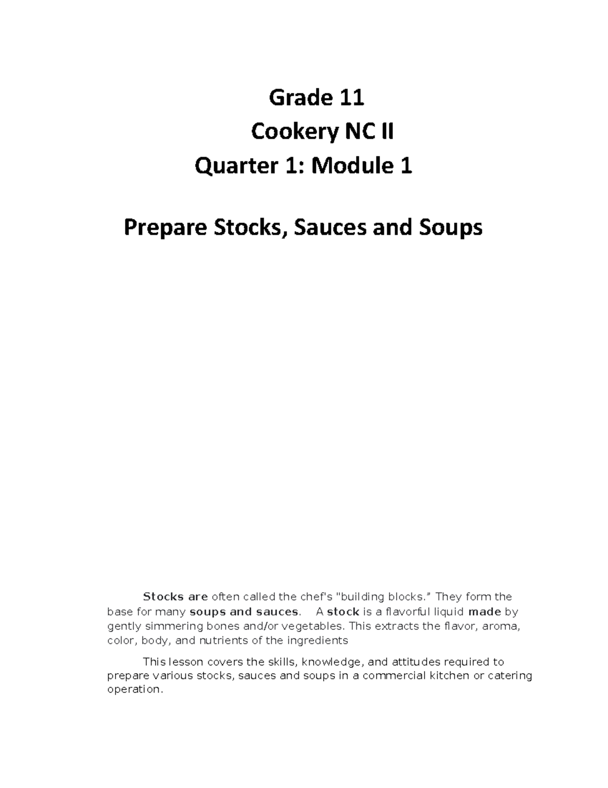 Cookery NC II1st quater module 2023 - Grade 11 Cookery NC II Quarter 1 ...