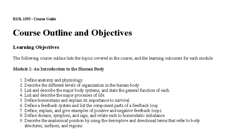 BIOL 1593 Course Guide: Outline & Learning Objectives - Studocu
