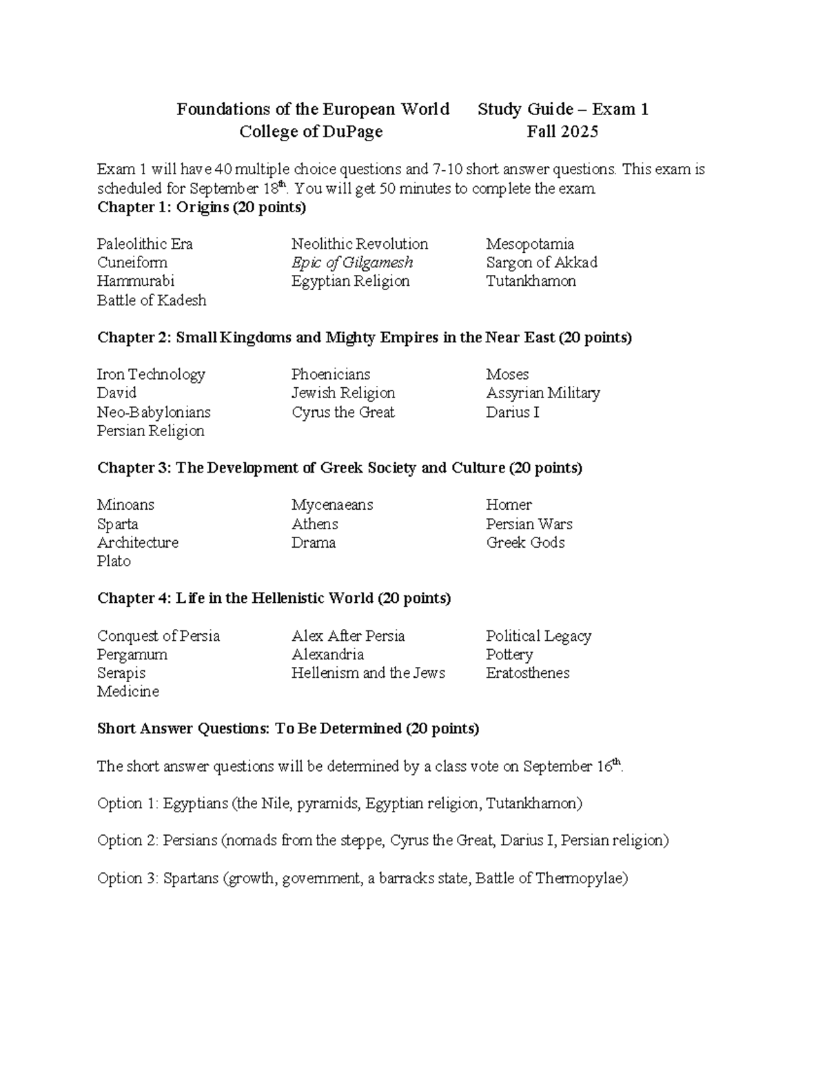 Foundations of the European World – Study Guide for Exam 1 (HIST 101 ...