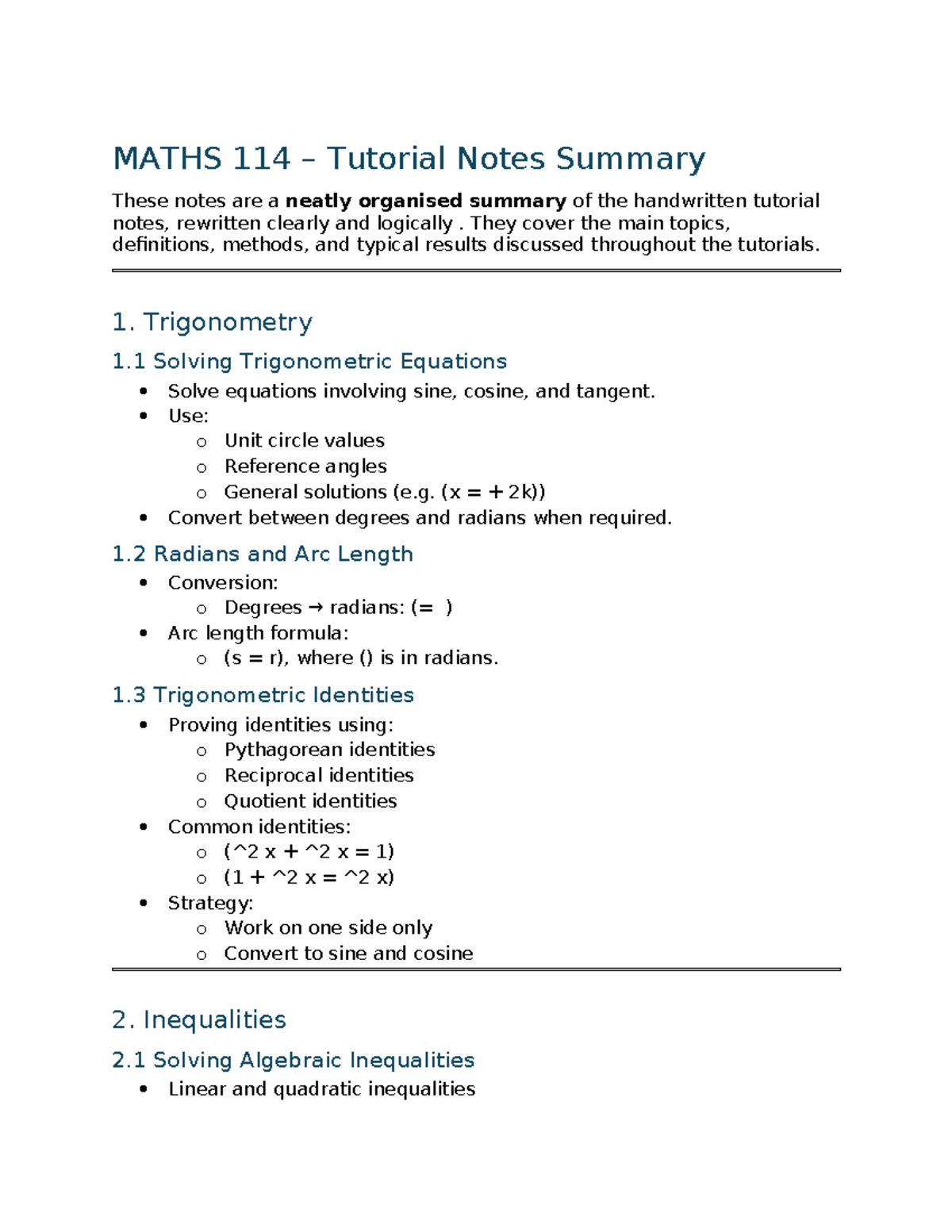 MATHS 114 – Comprehensive Tutorial Notes Summary - Studocu