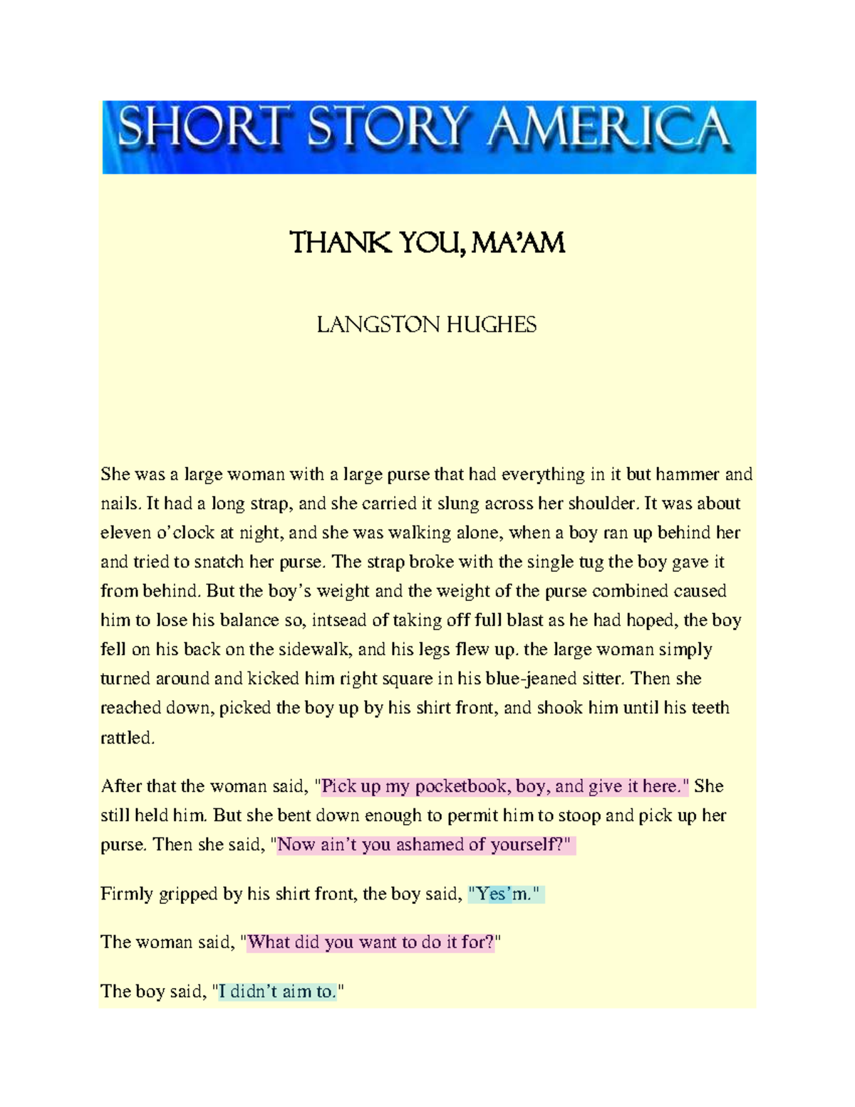 HUM 101: Analysis of "Thank You, Ma'am" by Langston Hughes - Studocu