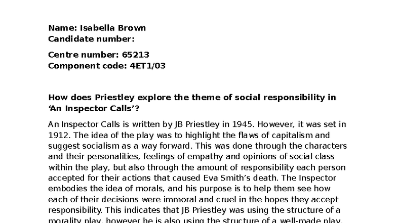Coursework: Exploring Social Responsibility in JB Priestley's "An ...