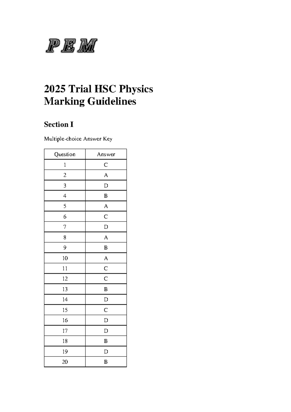 PEM 2025 Trial HSC Physics Marking Guidelines and Answer Key - Studocu