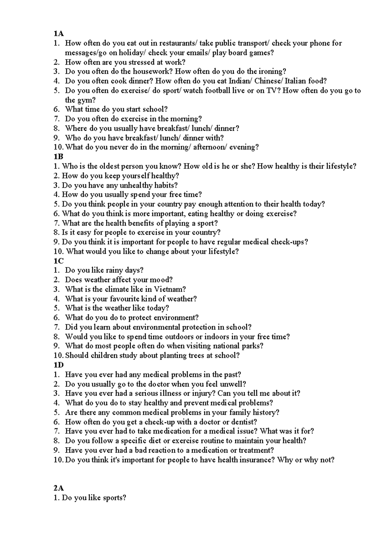 TA1 Speaking Guide: 160 Questions for Midterm Preparation - Studocu