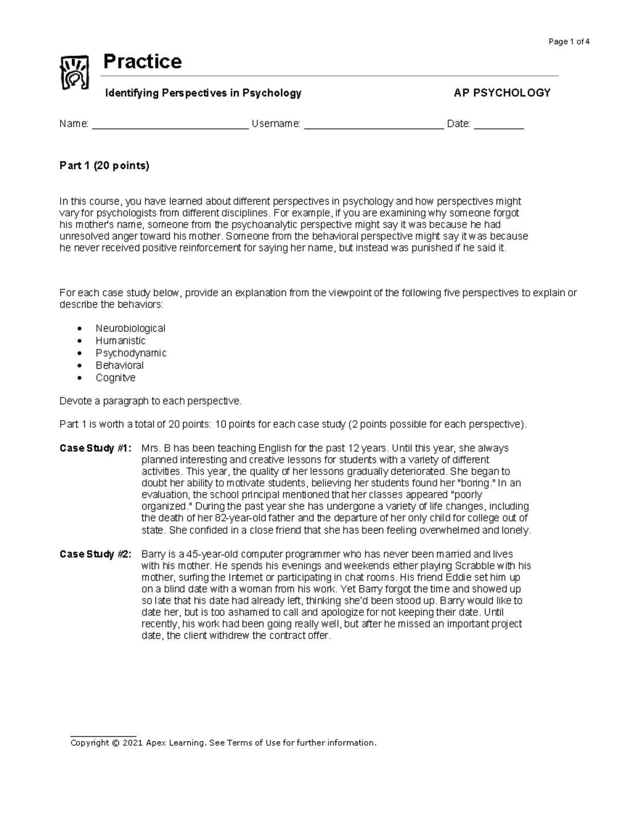 AP Psychology Practice: Identifying Psychological Perspectives - Studocu