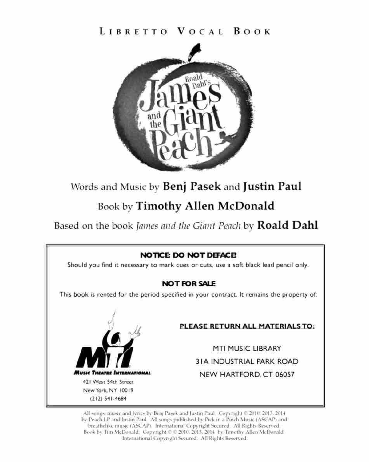 Roald Dahl's James and the Giant Peach: Libretto Vocal Book - Studocu
