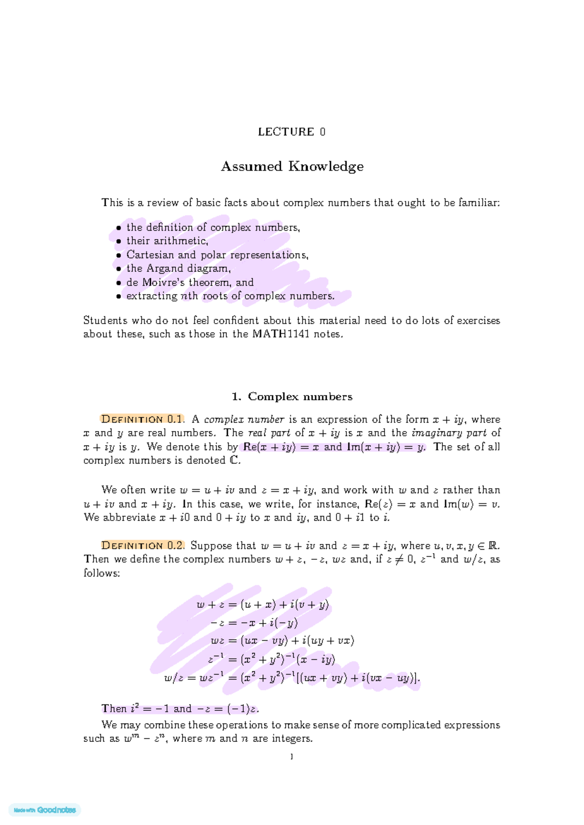 MATH2621 LECTURE 0: Assumed Knowledge on Complex Numbers - Studocu