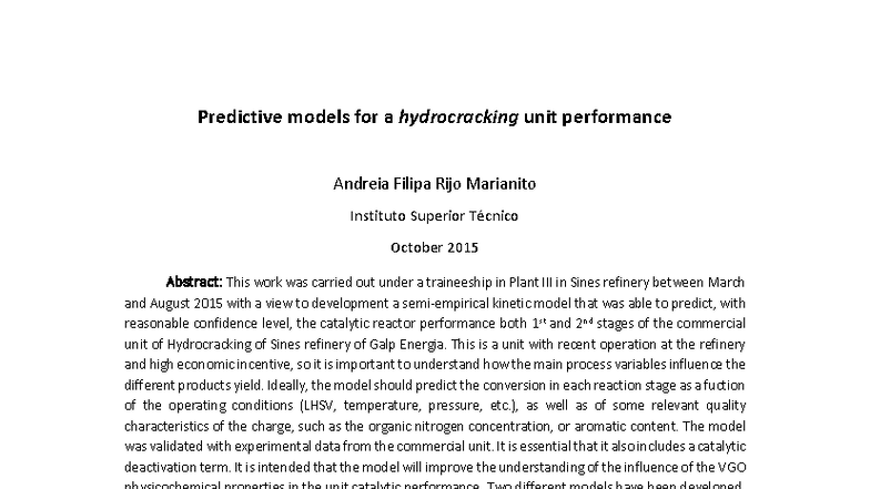 Kinetic Modeling of Hydrocracking Unit Performance (ENGR 101) - Studocu