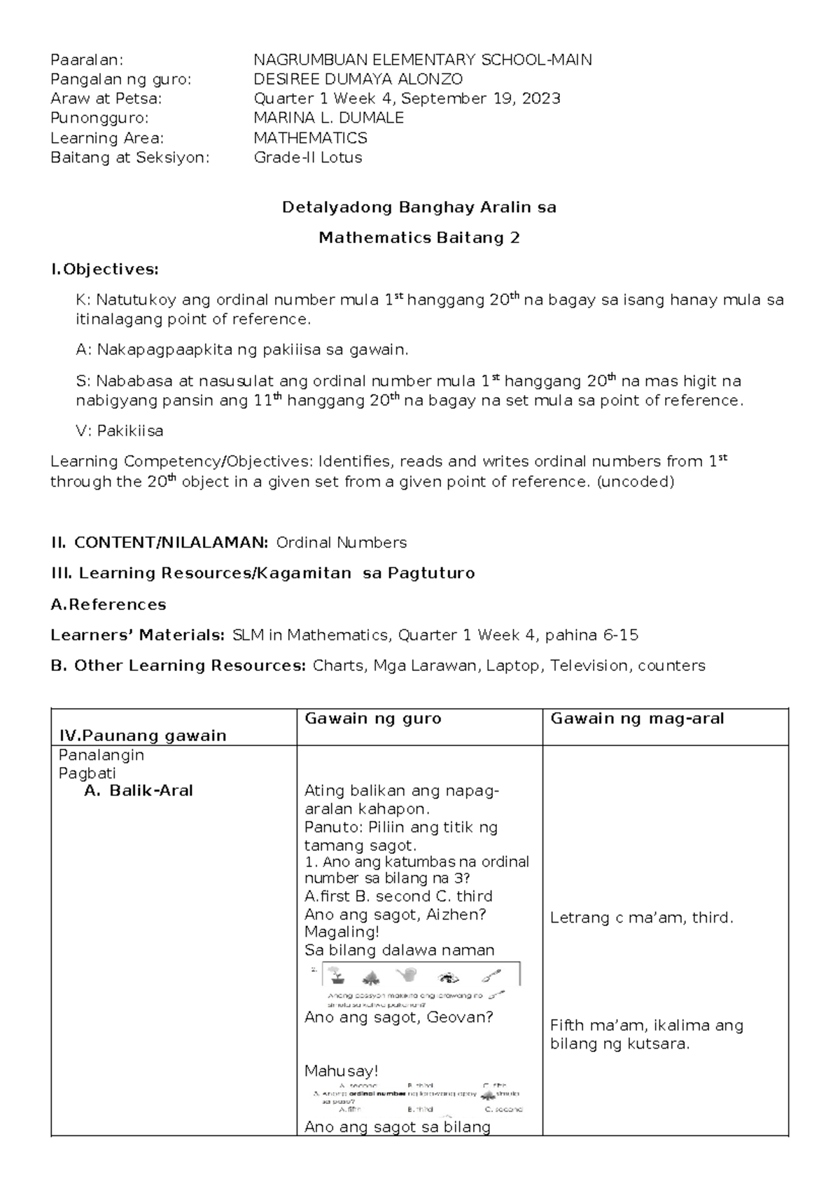 Banghay Aralin sa Mat 2 COT Q1: Ordinal Numbers (Week 4) - Studocu