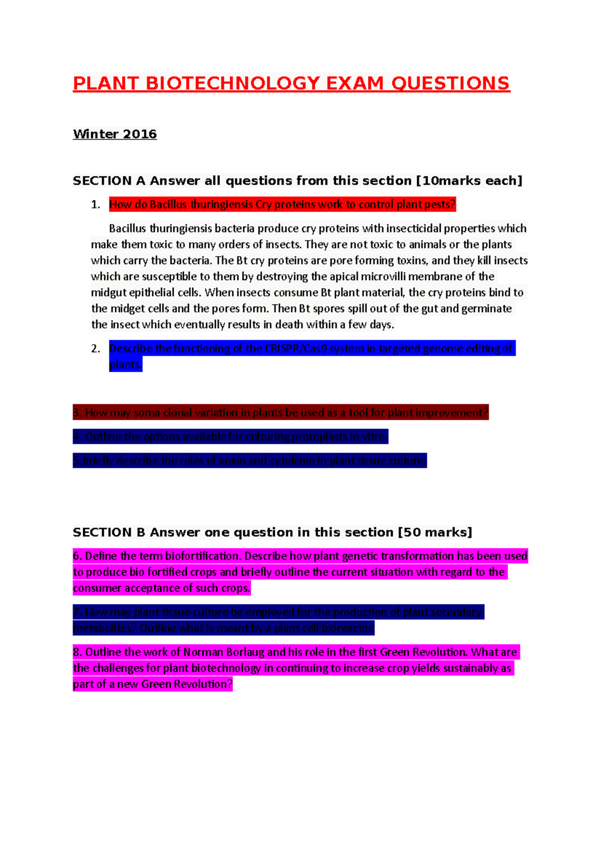 PS2001 PLANT BIOTECHNOLOGY EXAM QUESTIONS 2016-2021 - Studocu