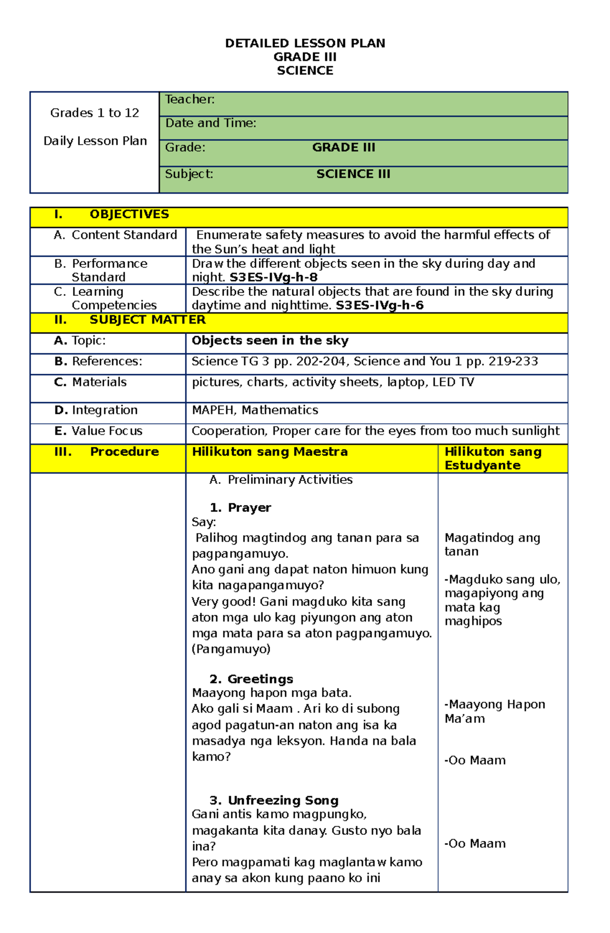 Detailed Lesson PLAN - DETAILED LESSON PLAN GRADE III SCIENCE Grades 1 ...