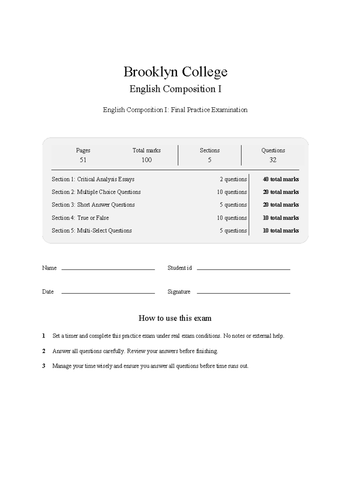 ENGL 1010 Brooklyn College English Composition I: Final Practice Exam ...