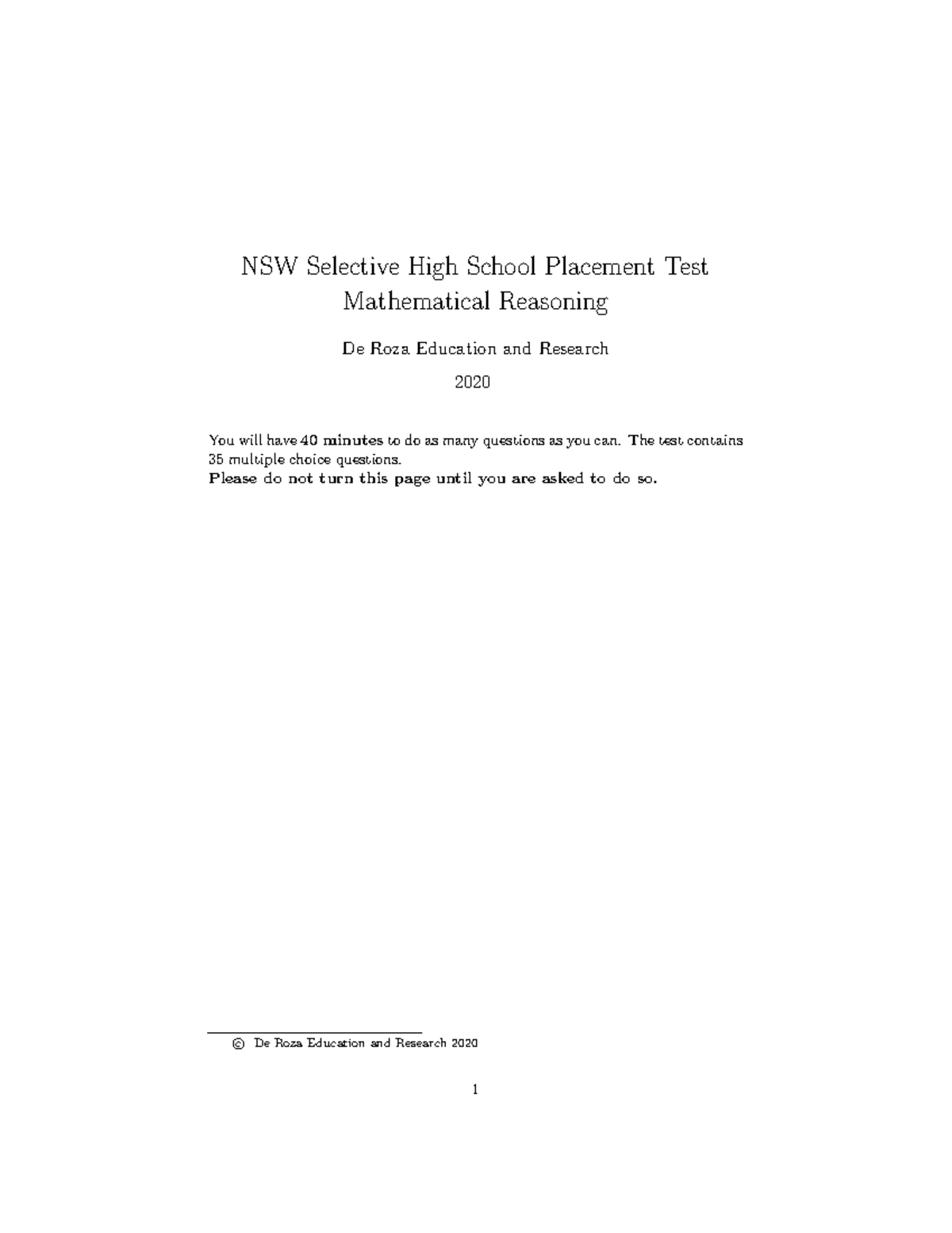 NSW Selective High School Placement Test: Math Reasoning Sample 2020 ...