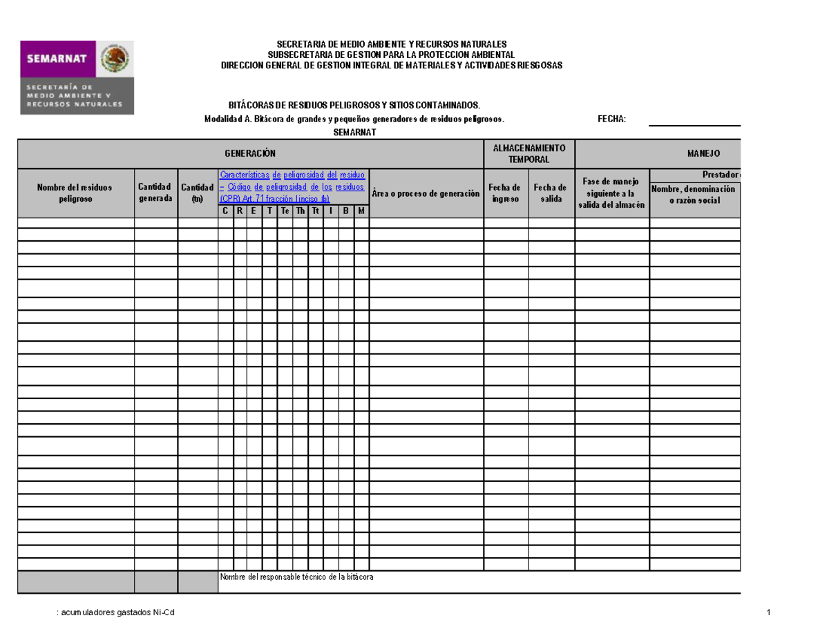 Bitácora de Residuos Peligrosos - Reporte de Generación y Manejo - Studocu