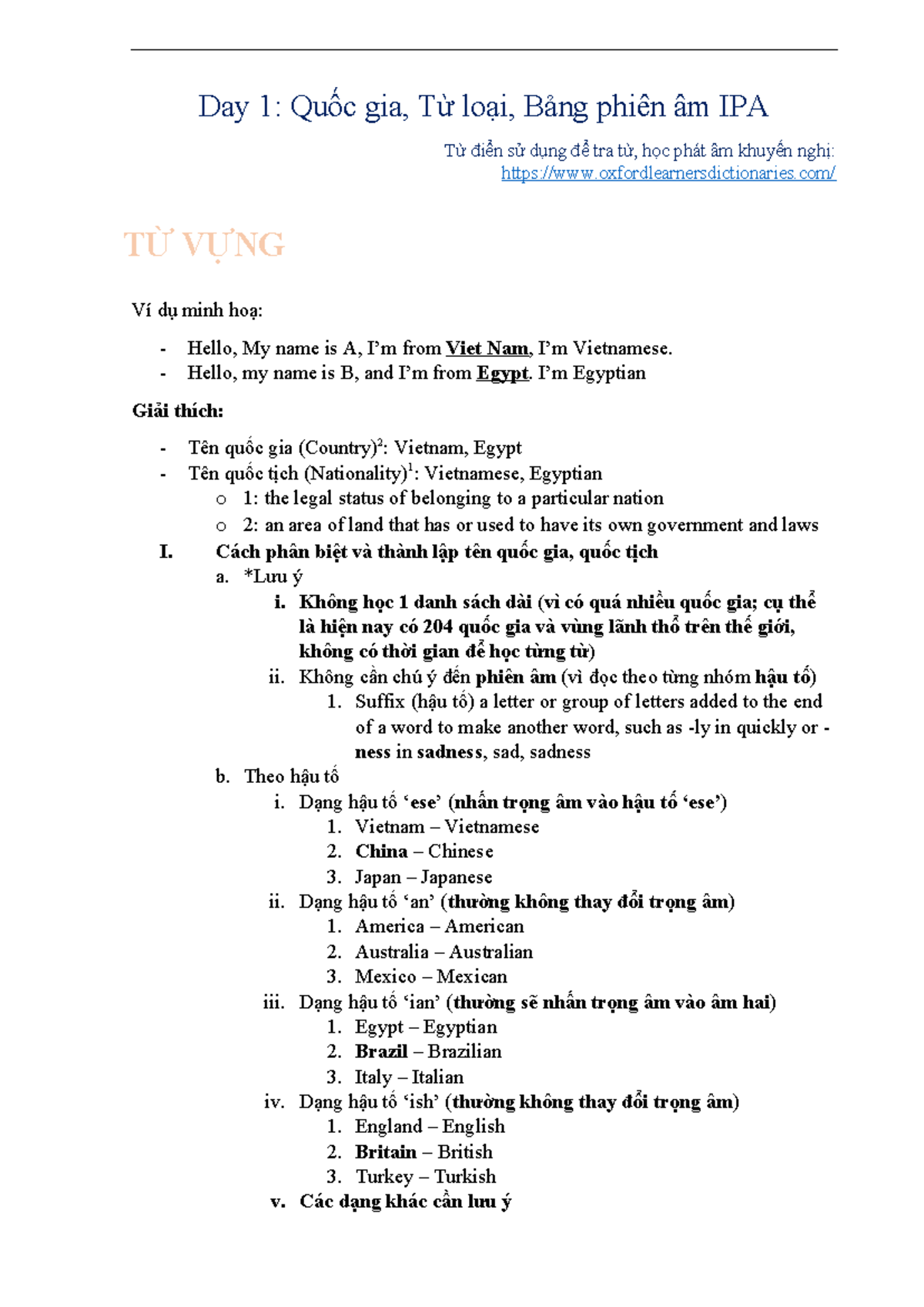 Bài 1: Quốc gia, từ loại và bảng phiên âm IPA trong tiếng Việt - Studocu