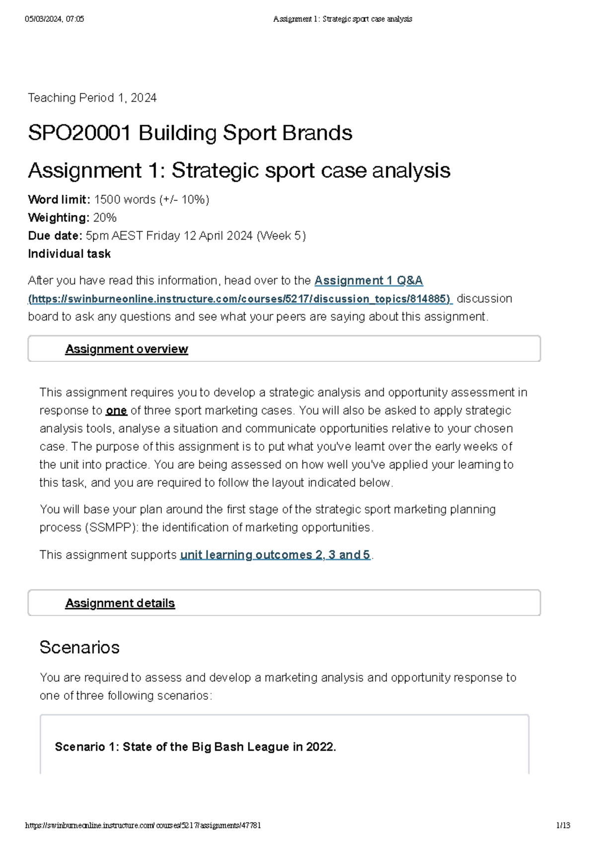 SPO20001 Assignment 1: Strategic Analysis of Sport Marketing Cases ...