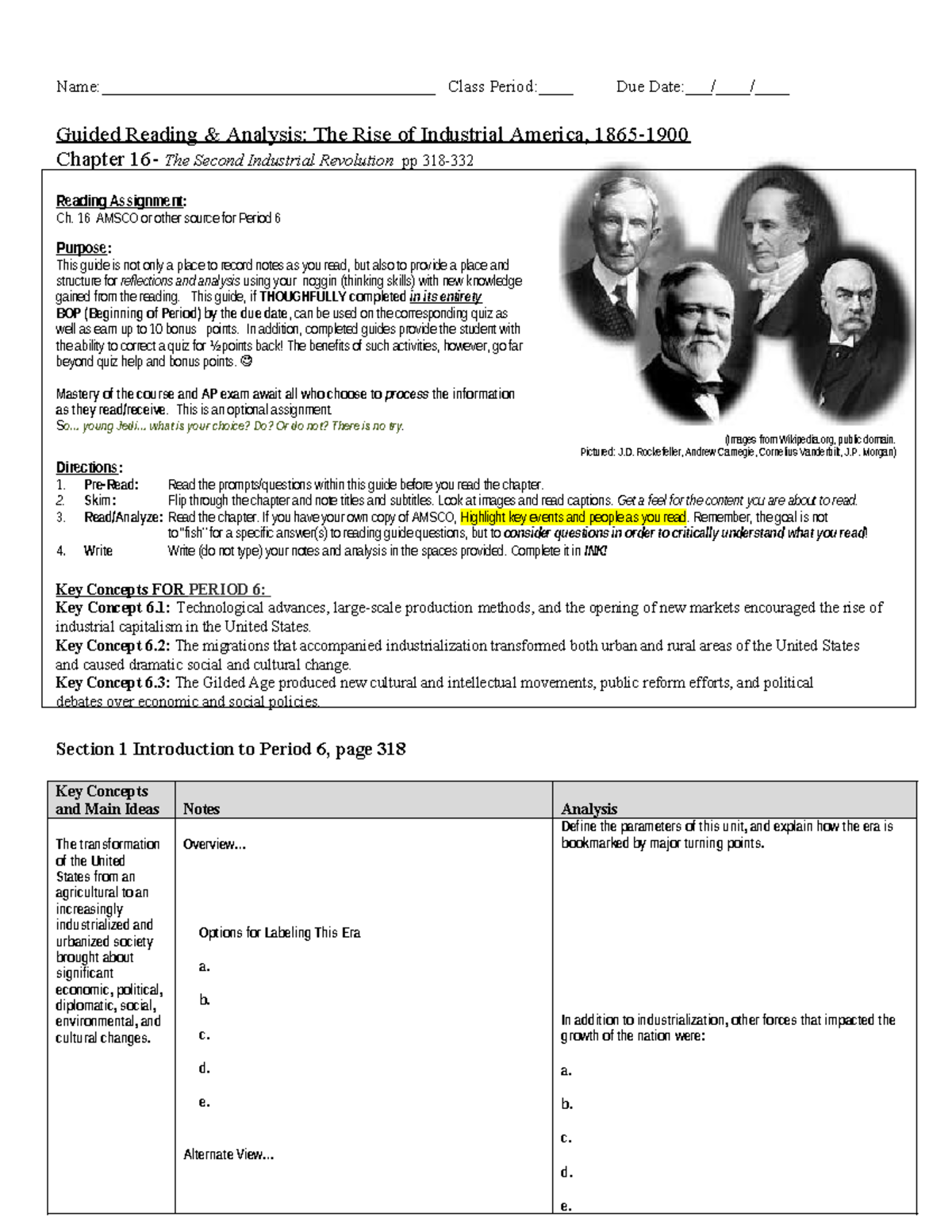 APUSH Ch. 16 Guided Reading: The Rise of Industrial America Analysis ...