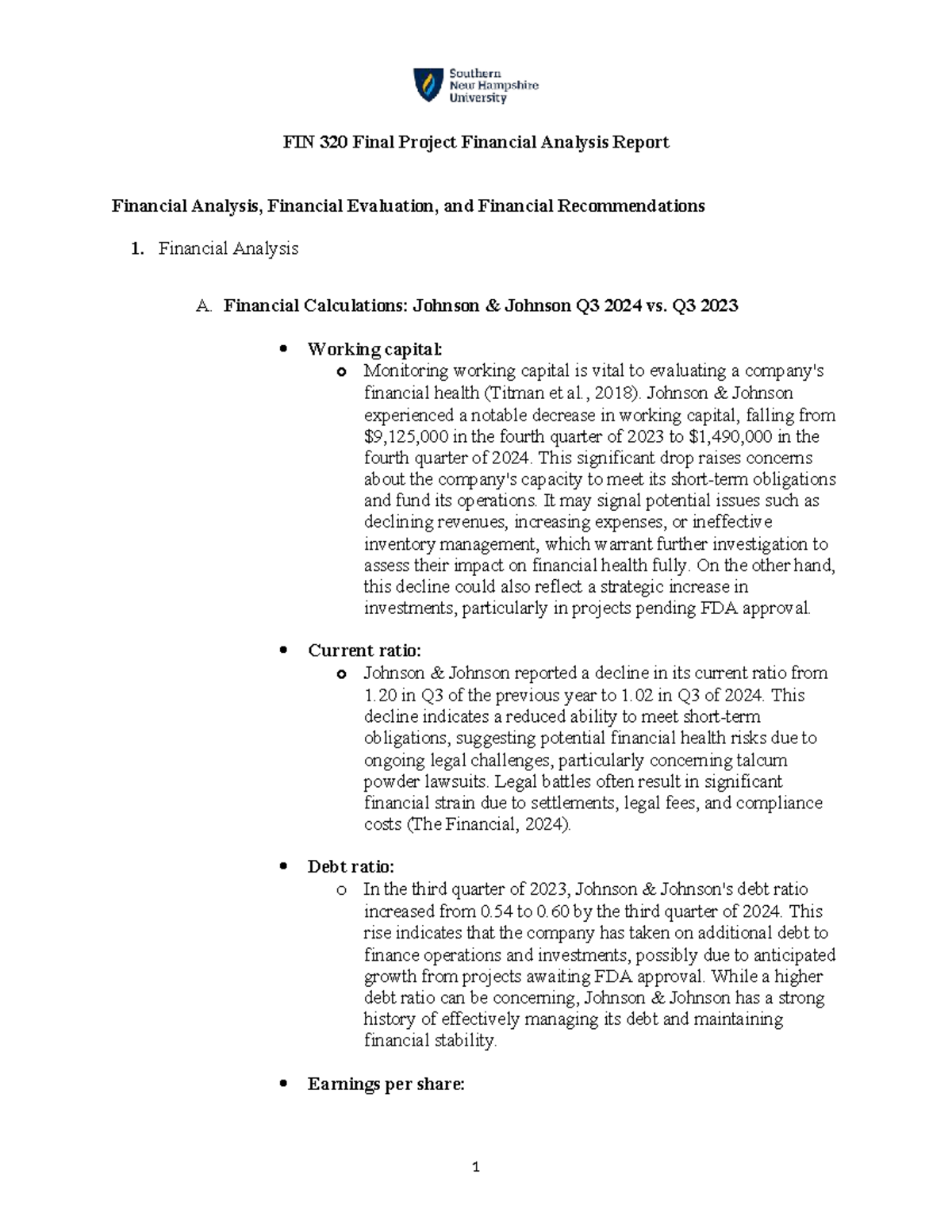 FIN 320 Final Project Financial Analysis Report - Financial ...