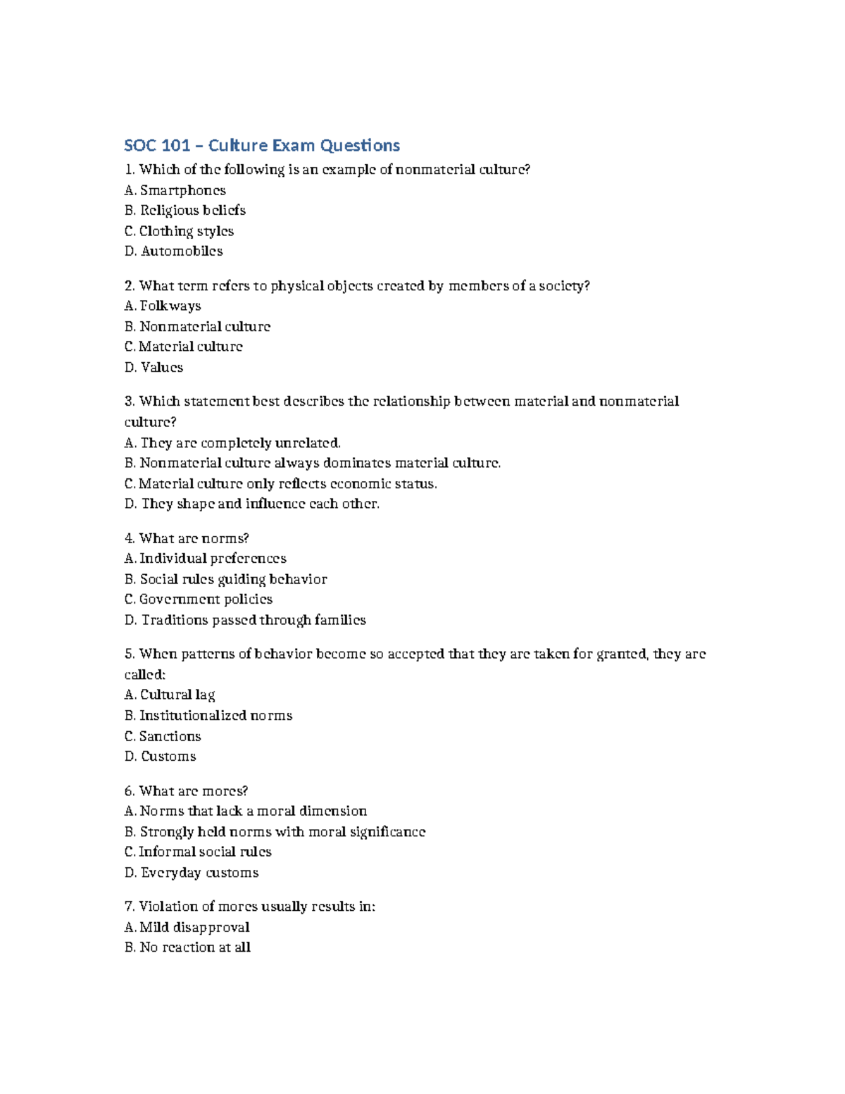 SOC 101 – Cultural Concepts Final Exam Questions and Answers - Studocu
