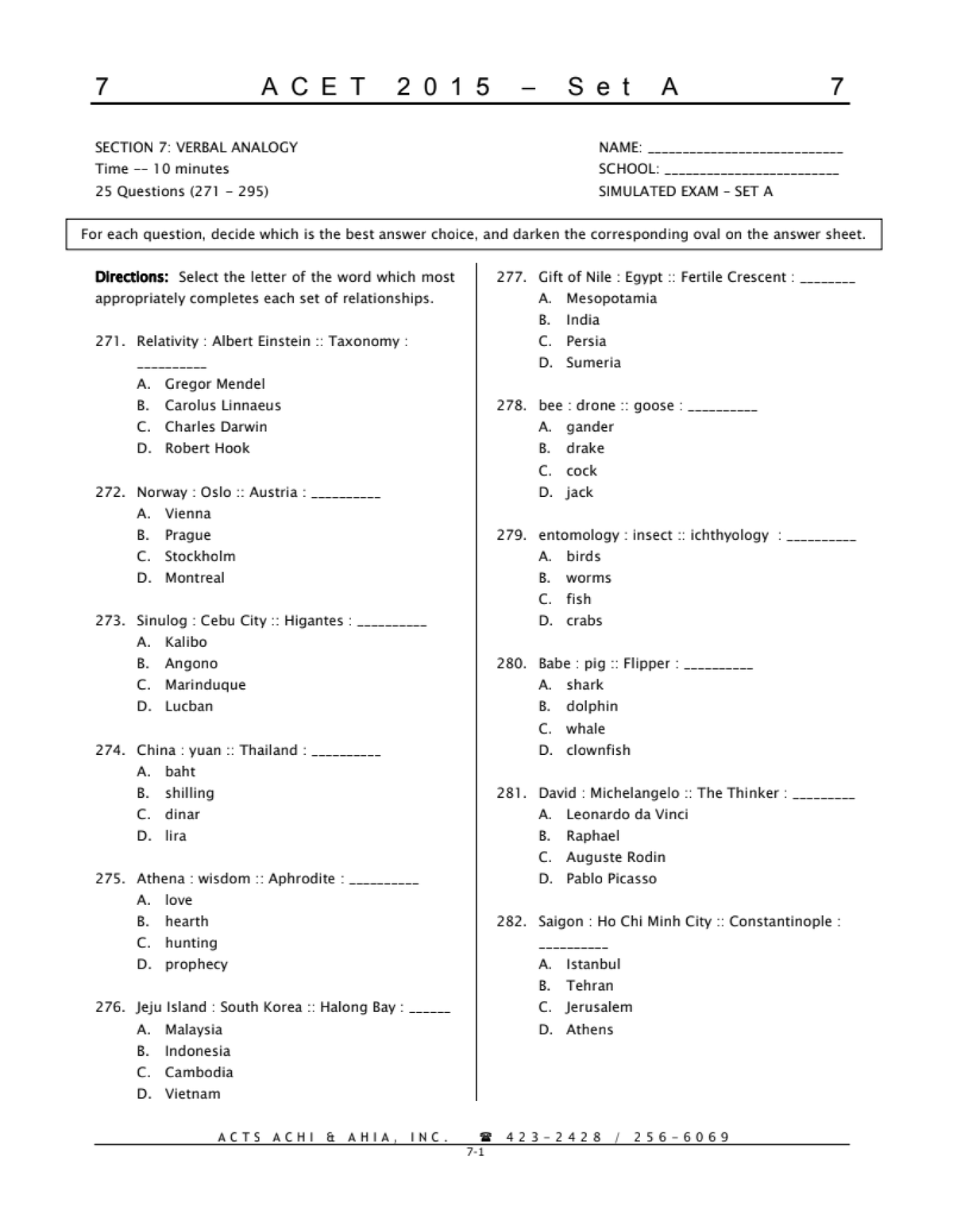 Verbal Analogy II - 7 ACET 2015 Set A 7 SECTION 7: VERBAL ANALOGY NAME ...