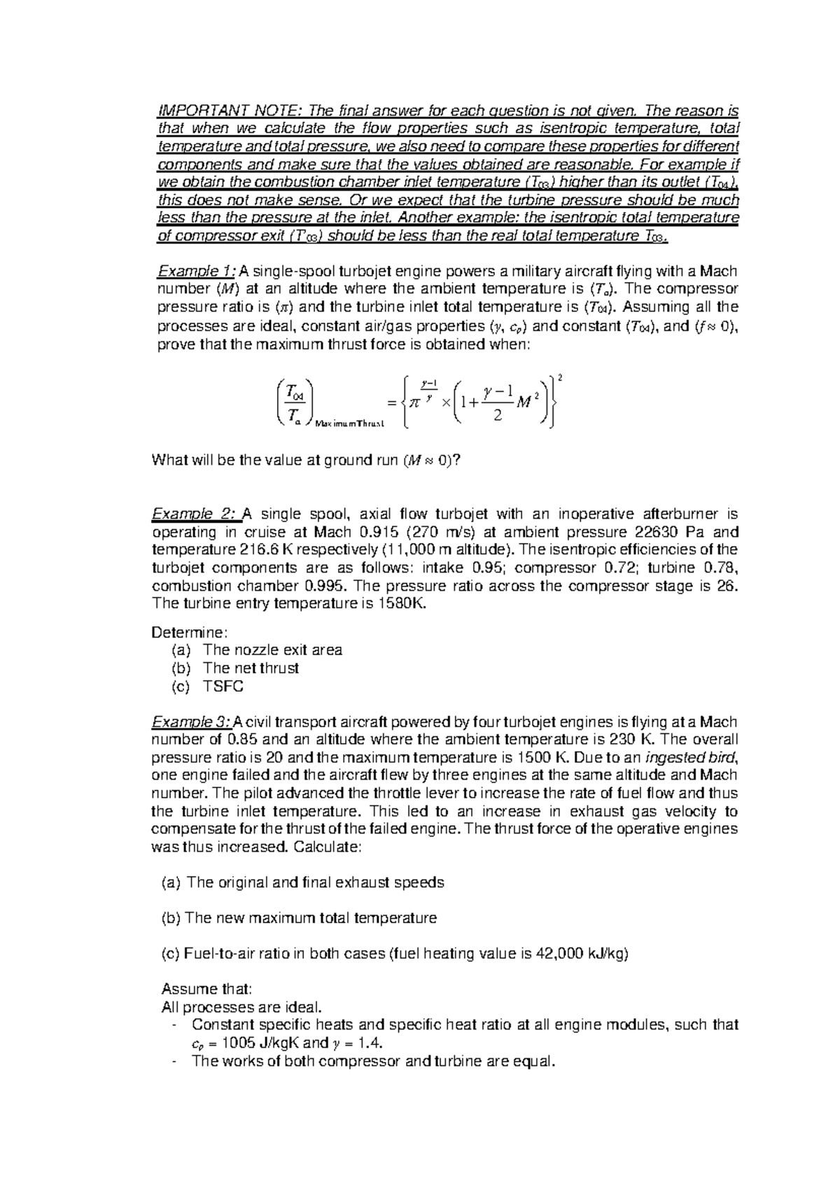 Single-Spool Turbojet Engine Calculation Examples (ENG101) - Studocu
