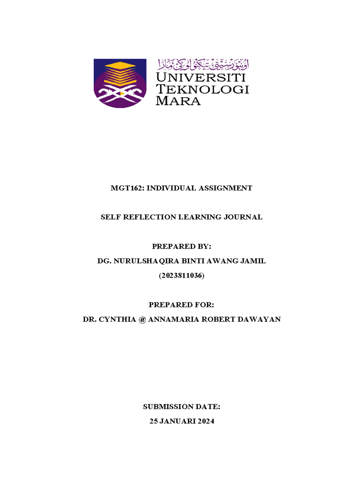 MGT162: Individ. Assignment - Self Reflection Learning Journal - Studocu