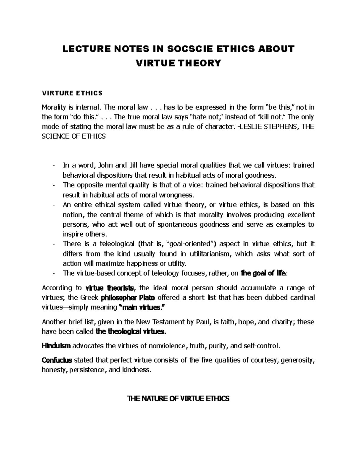 Lecture Notes: SOCSCIE Ethics & Virtue Theory Overview - Studocu