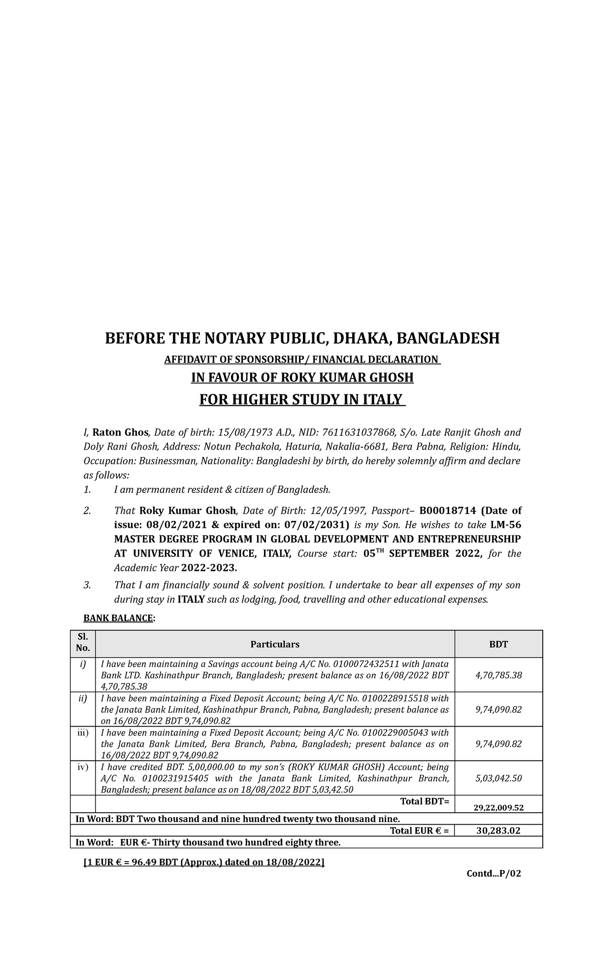 Sponsor Declaration Stamp Roky - BEFORE THE NOTARY PUBLIC, DHAKA ...