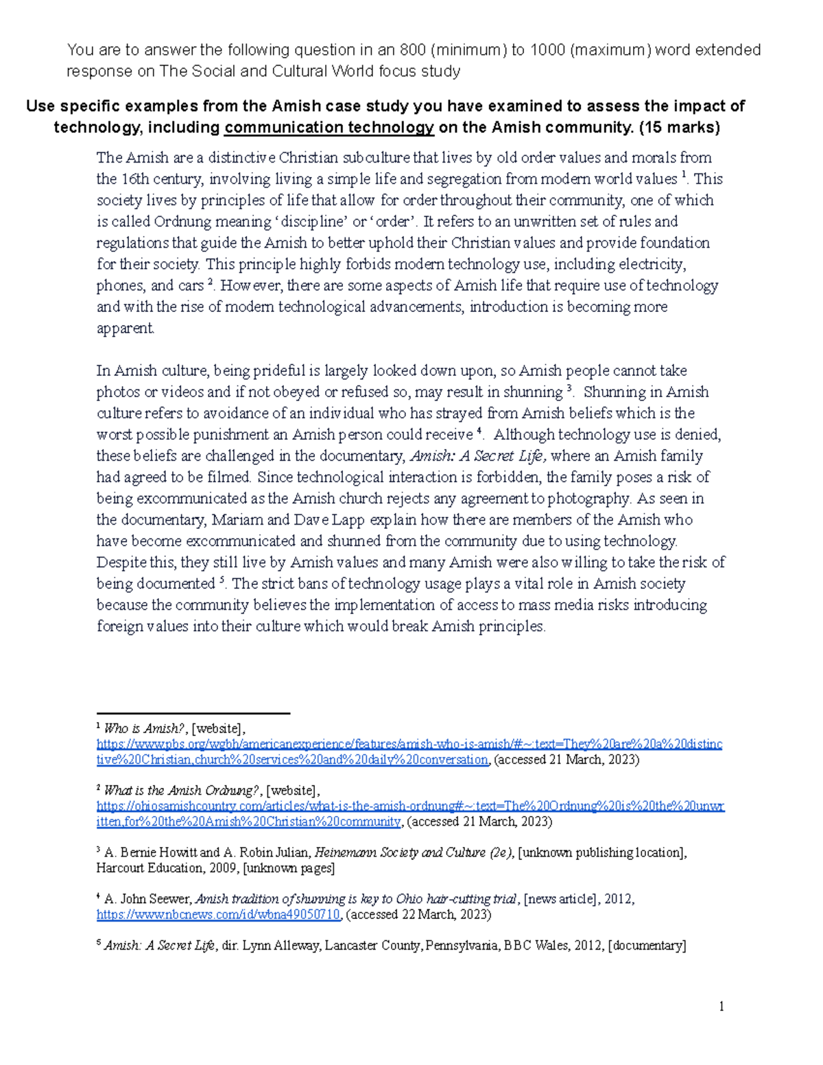 The Social and Cultural World: Amish Case Study Essay Assessment Task ...