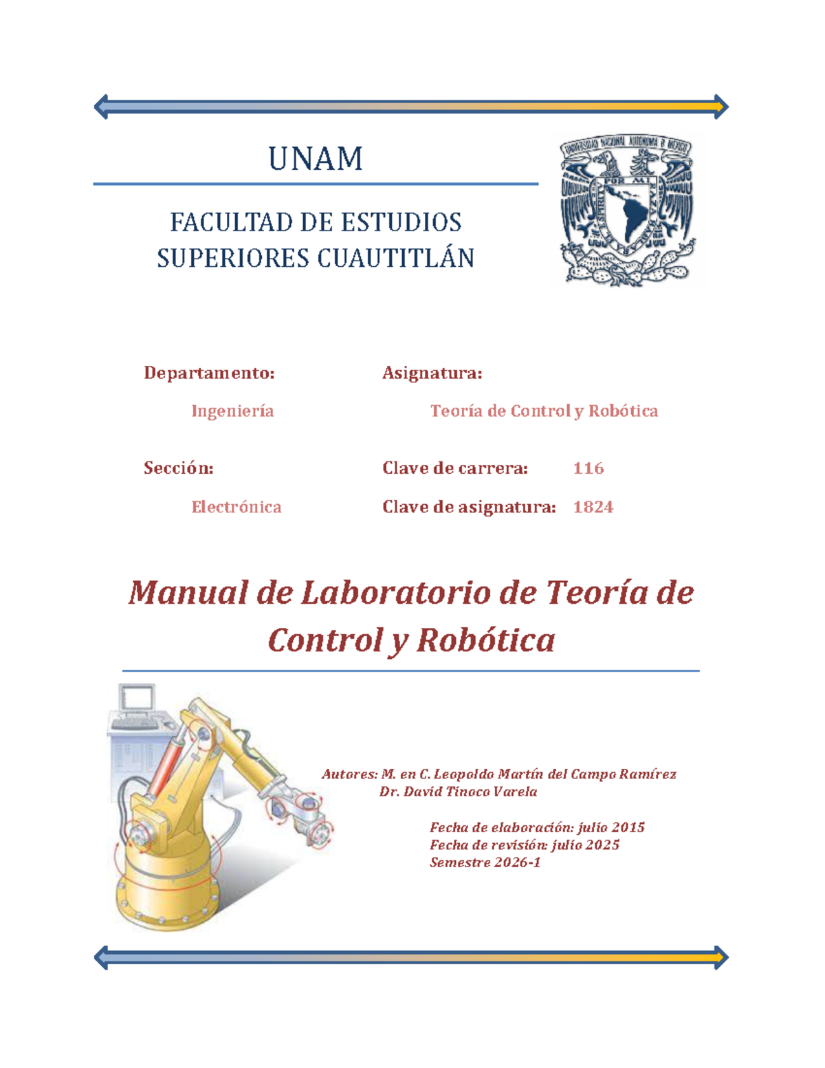 Manual de Laboratorio: Teoría de Control y Robótica 1824 UNAM - Studocu